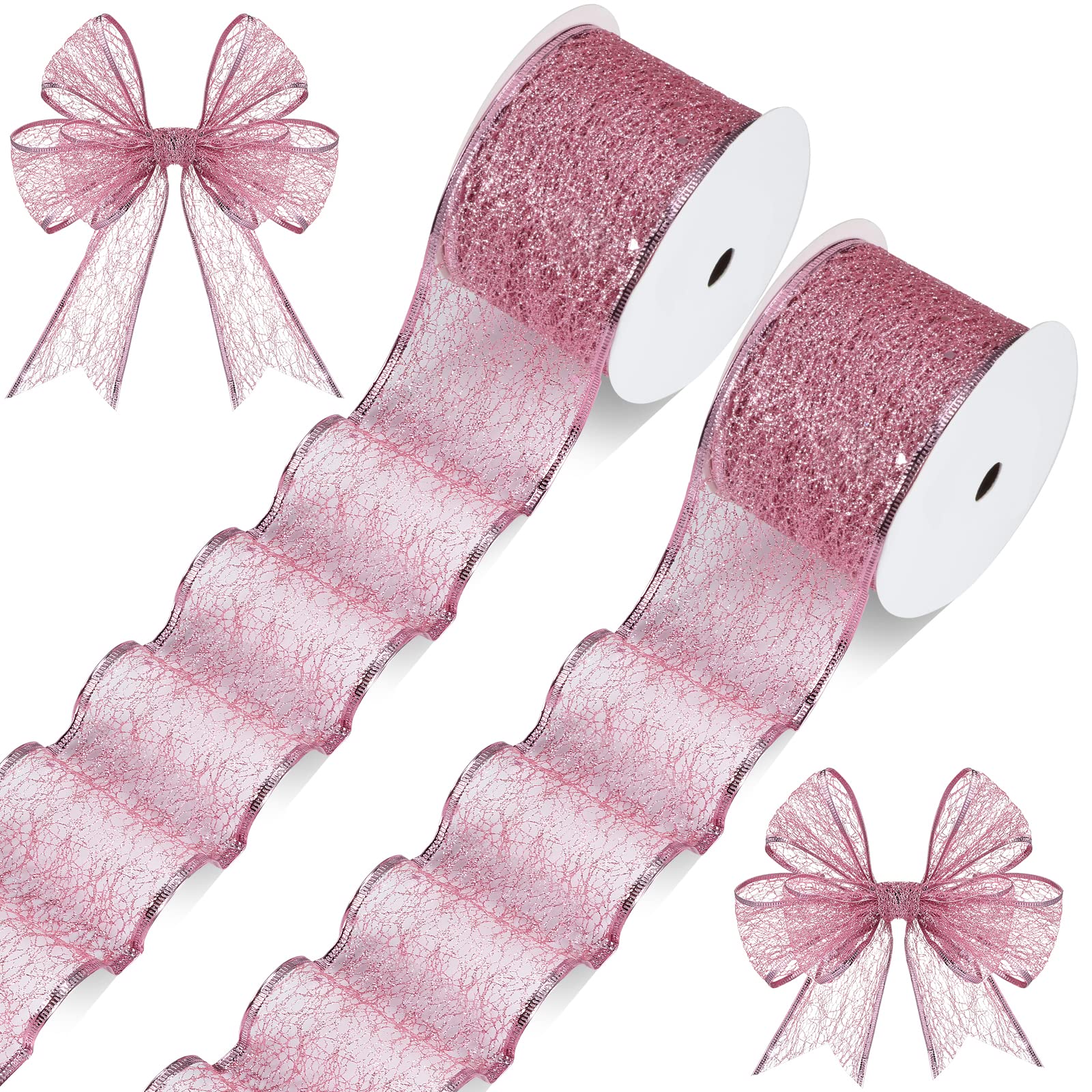 Amazon.com: MTLEE 2 Rolls 20 Yards Valentine Ribbon Wired Pink Metallic ...