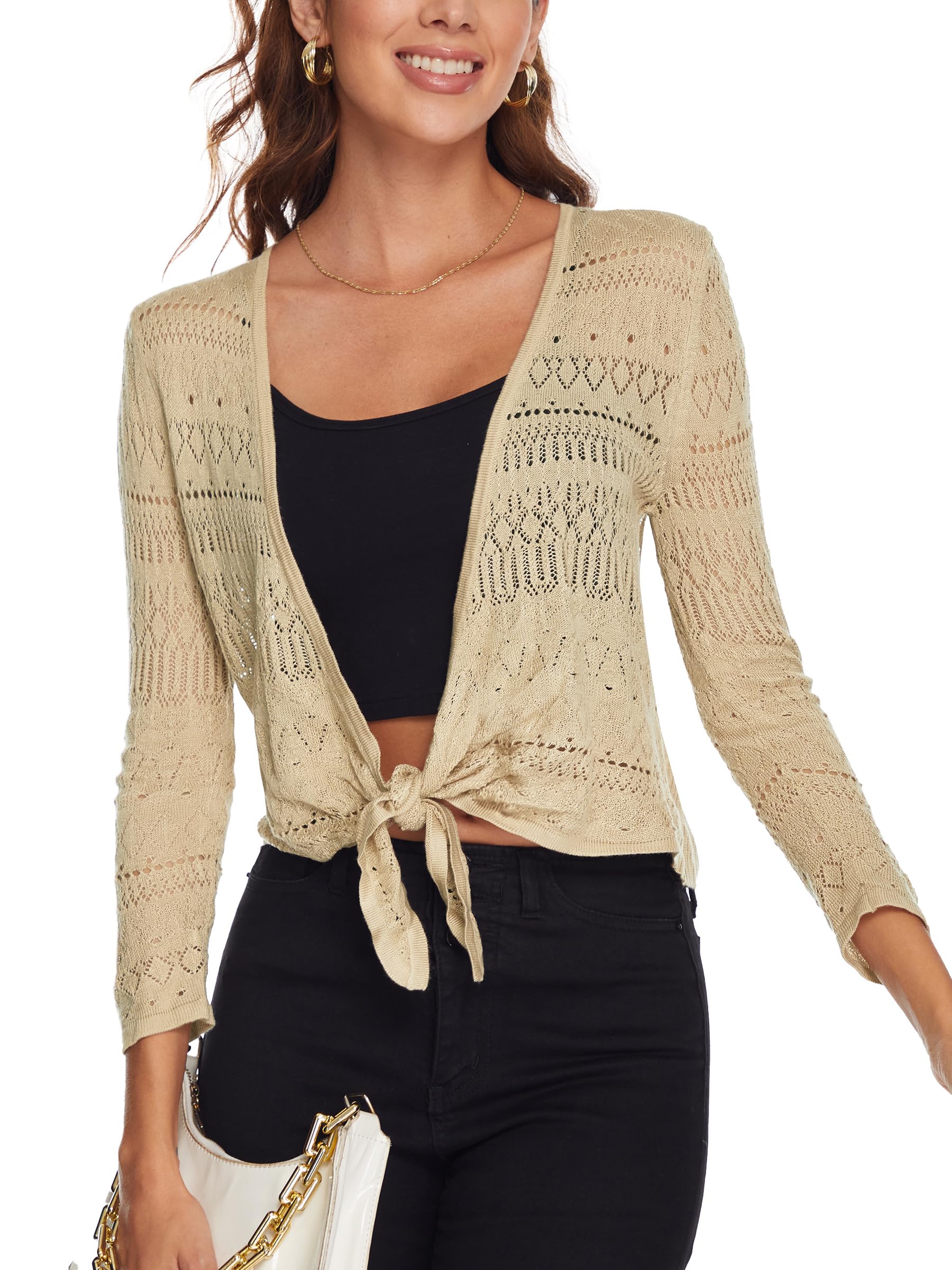 Spicy Sandia 2024 Women's Tie Front Sheer Shrug 3/4 Sleeve Crochet ...