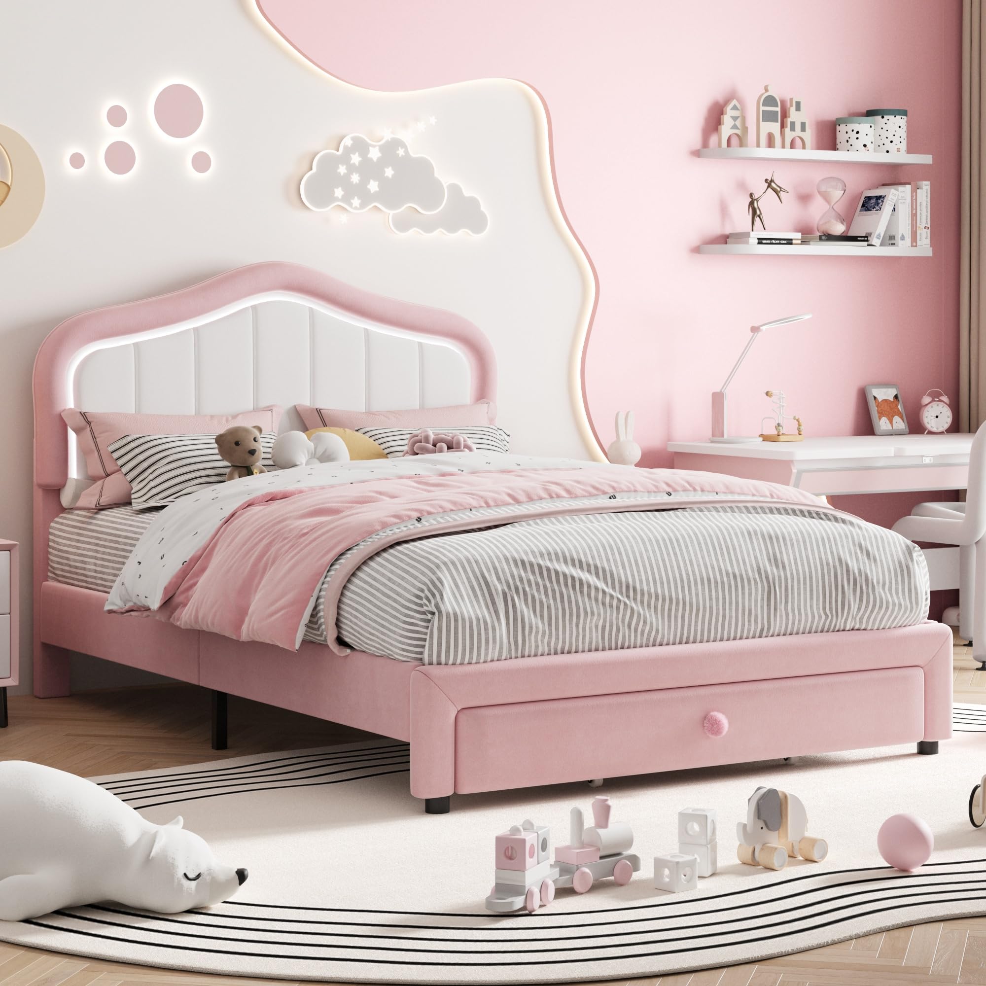 Amazon.com: GAOMON Upholstered Full Size LED Bed Frame with Storage ...