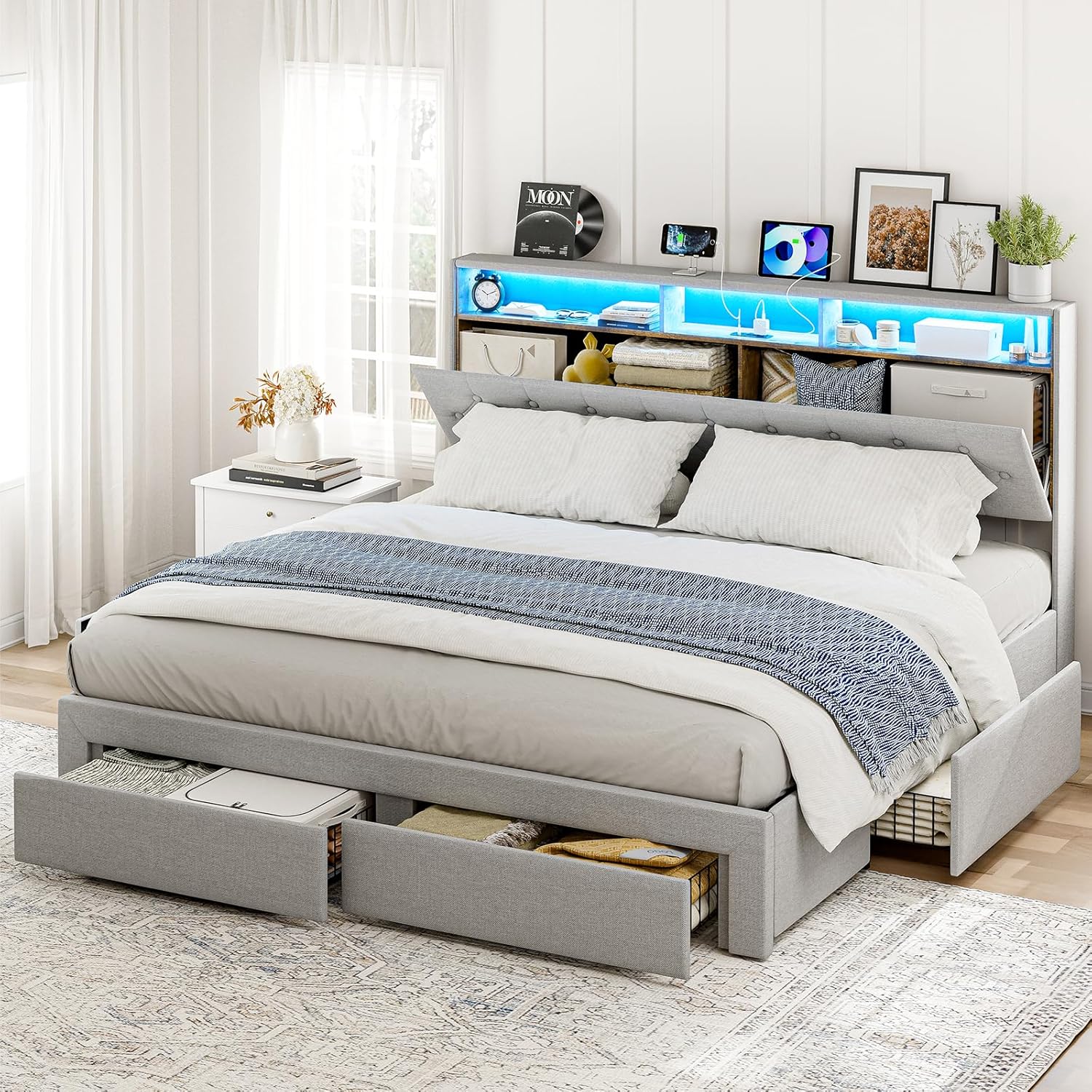 Amazon.com: ARICOEASY King Bed Frame with Hidden Storage Headboard ...