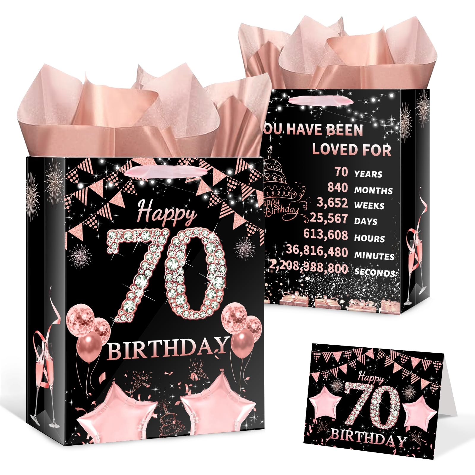 Amazon.com: ArtAubrey Rose Gold 70th Birthday Gift Bag with Birthday ...
