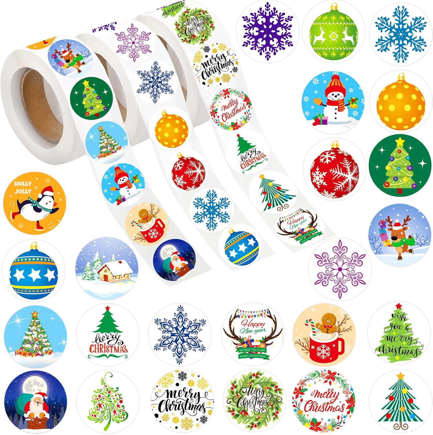 Amazon.com: 1500 Pieces Christmas Round Snowflake Tree Roll Stickers ...