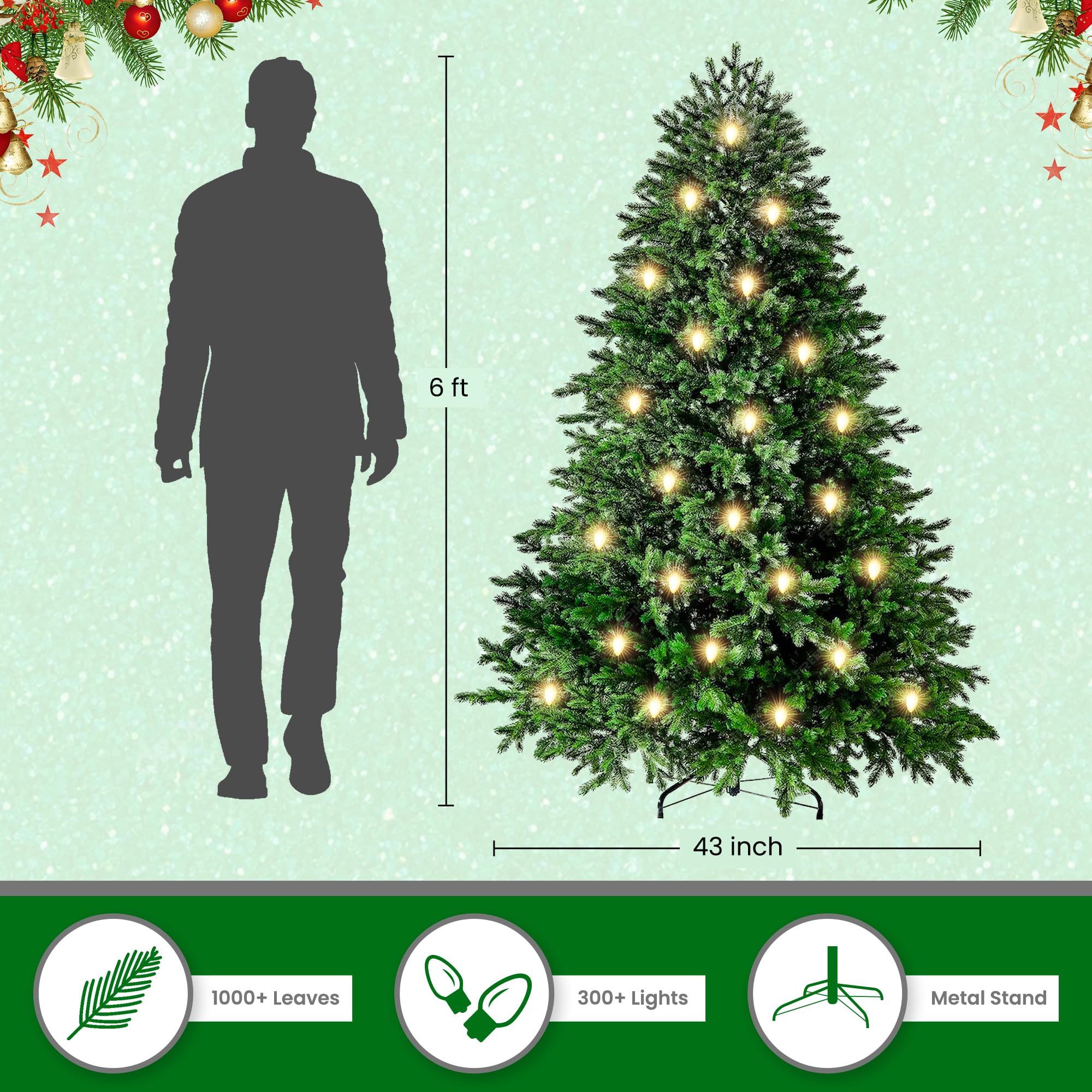 6ft Christmas tree Premium Hinged Artificial Holiday Christmas Tree ...