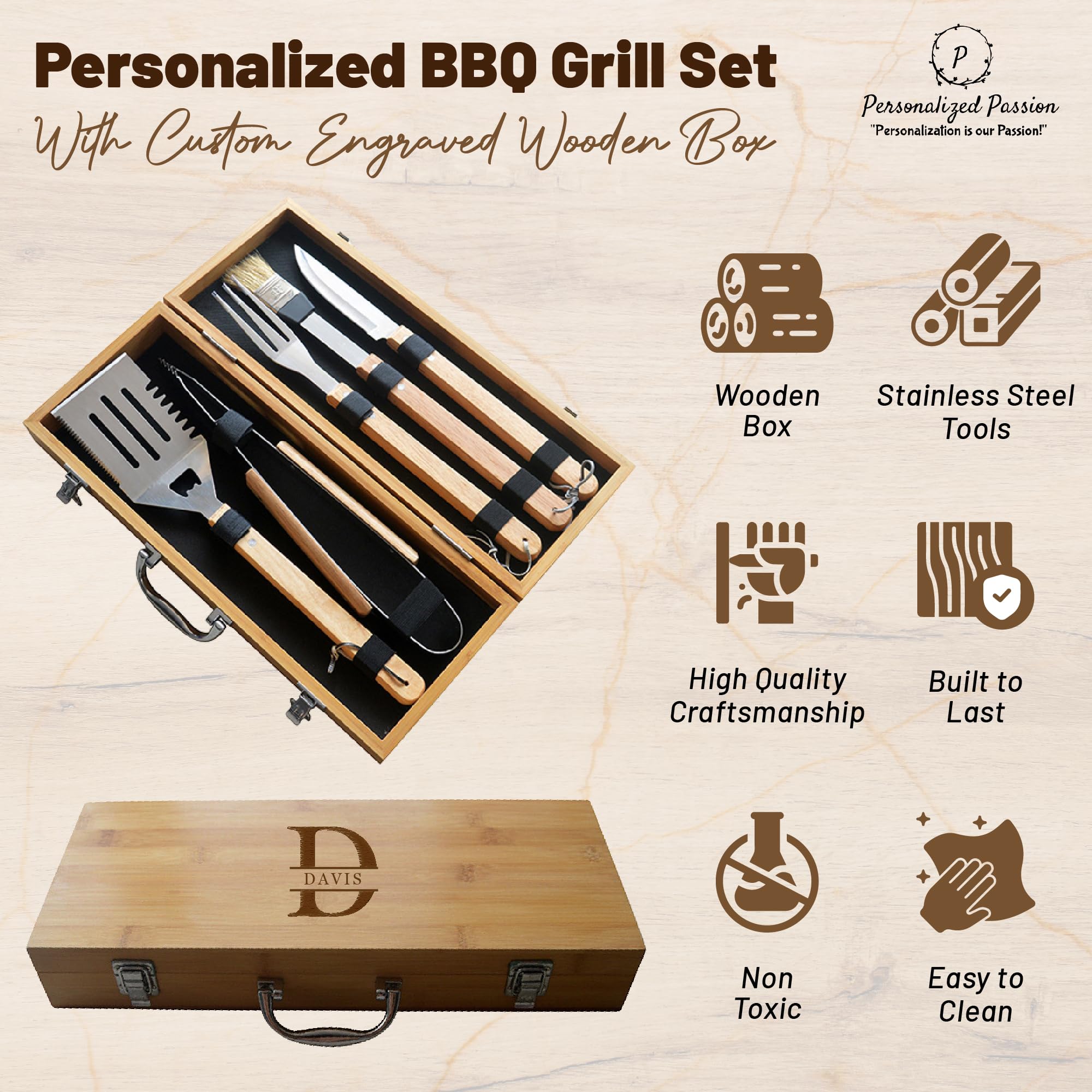 Personalized Grill Utensils Personalized 3 Piece Bamboo Grilling Tool