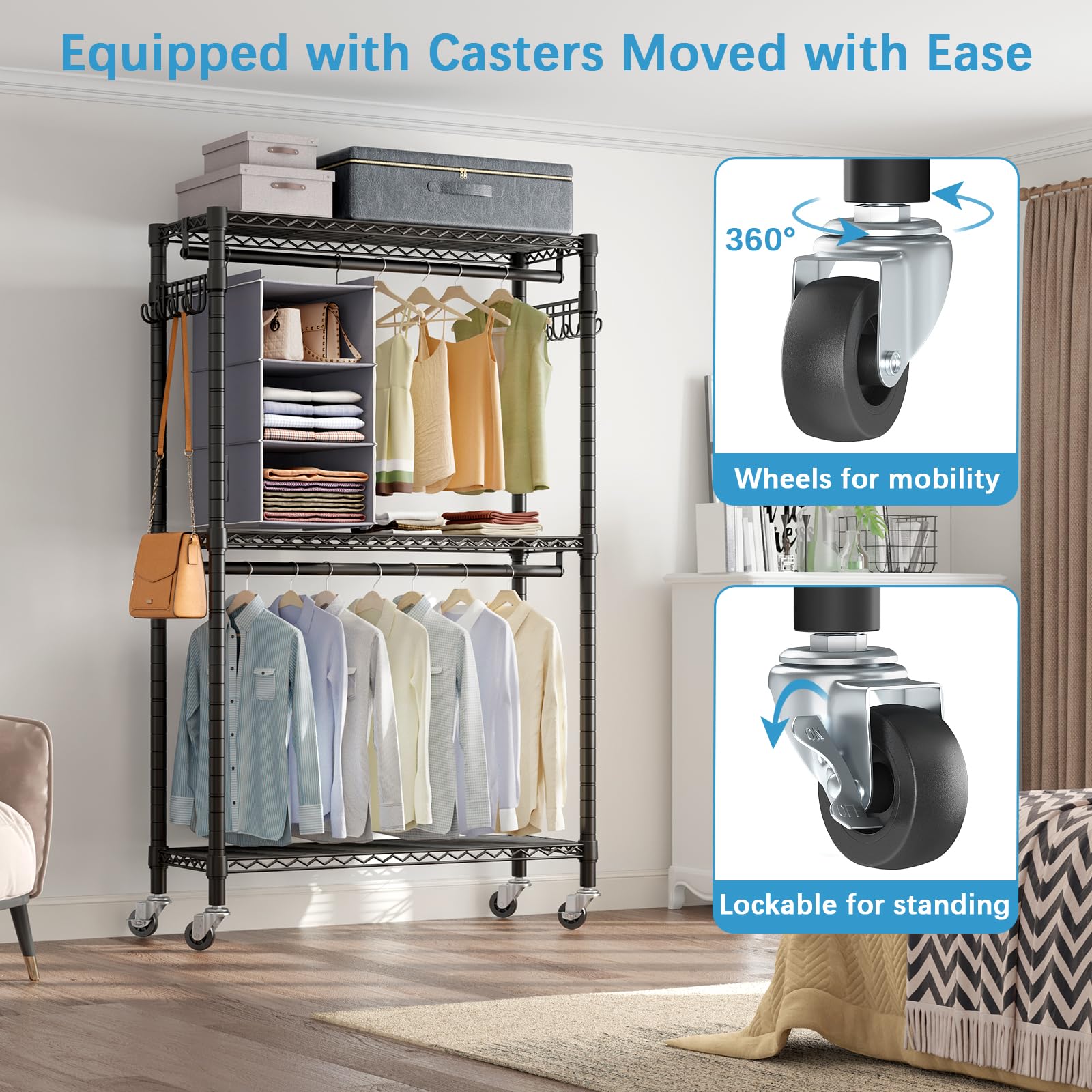 VIPEK V12E Garment Rack Heavy Duty Rolling Clothes Rack with 3 Tiers ...