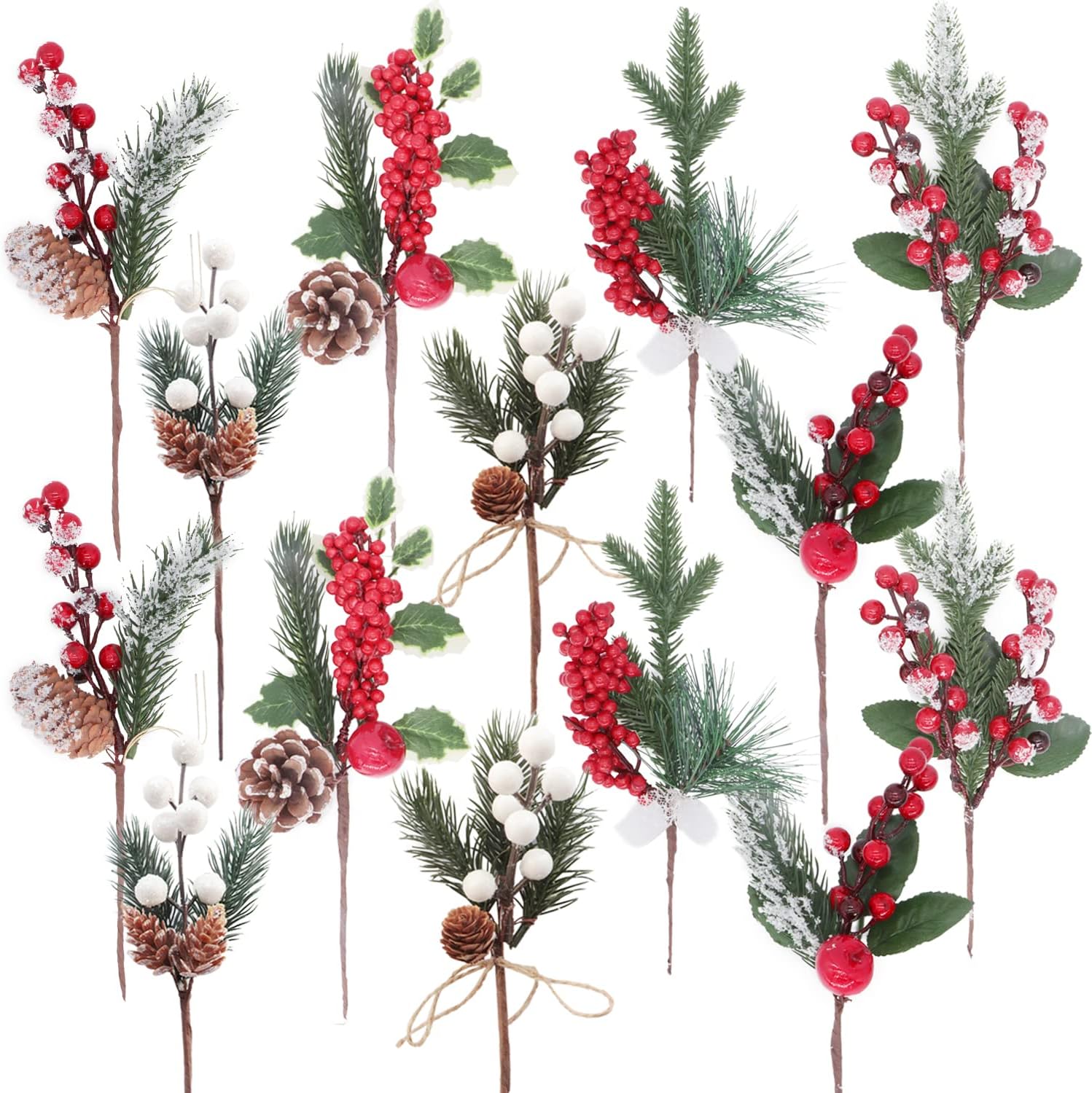 Amazon.com: Fessary 20 Pack Christmas Red Berry Picks Stems 10 Styles 5 ...