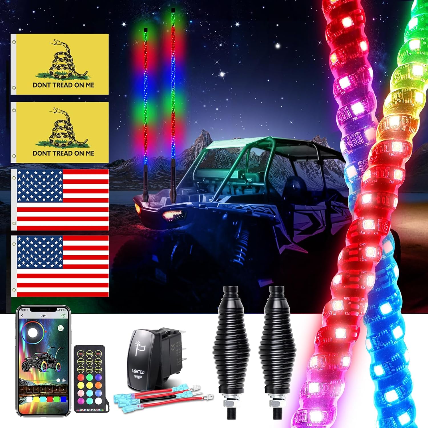 Amazon.com: Viswiker 2PCS 3FT LED Whip Lights with Chasing Colors and ...