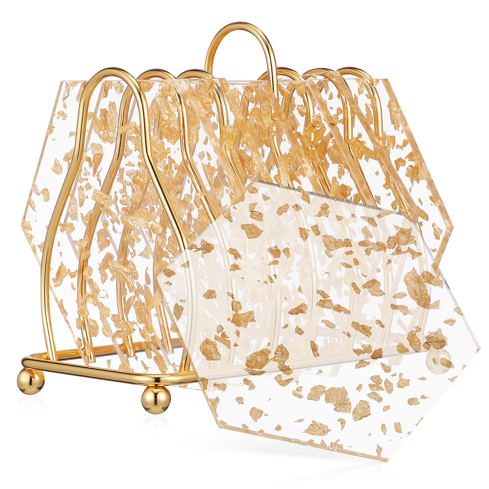 Amazon｜Cabilock 6個 透明金箔アクリルコースター六角ゴールドコースター収納ラック ﾃｰﾌﾞﾙ テーブル用コースター コーヒーテーブルの装飾 アクリルコースター クリア クリア ...