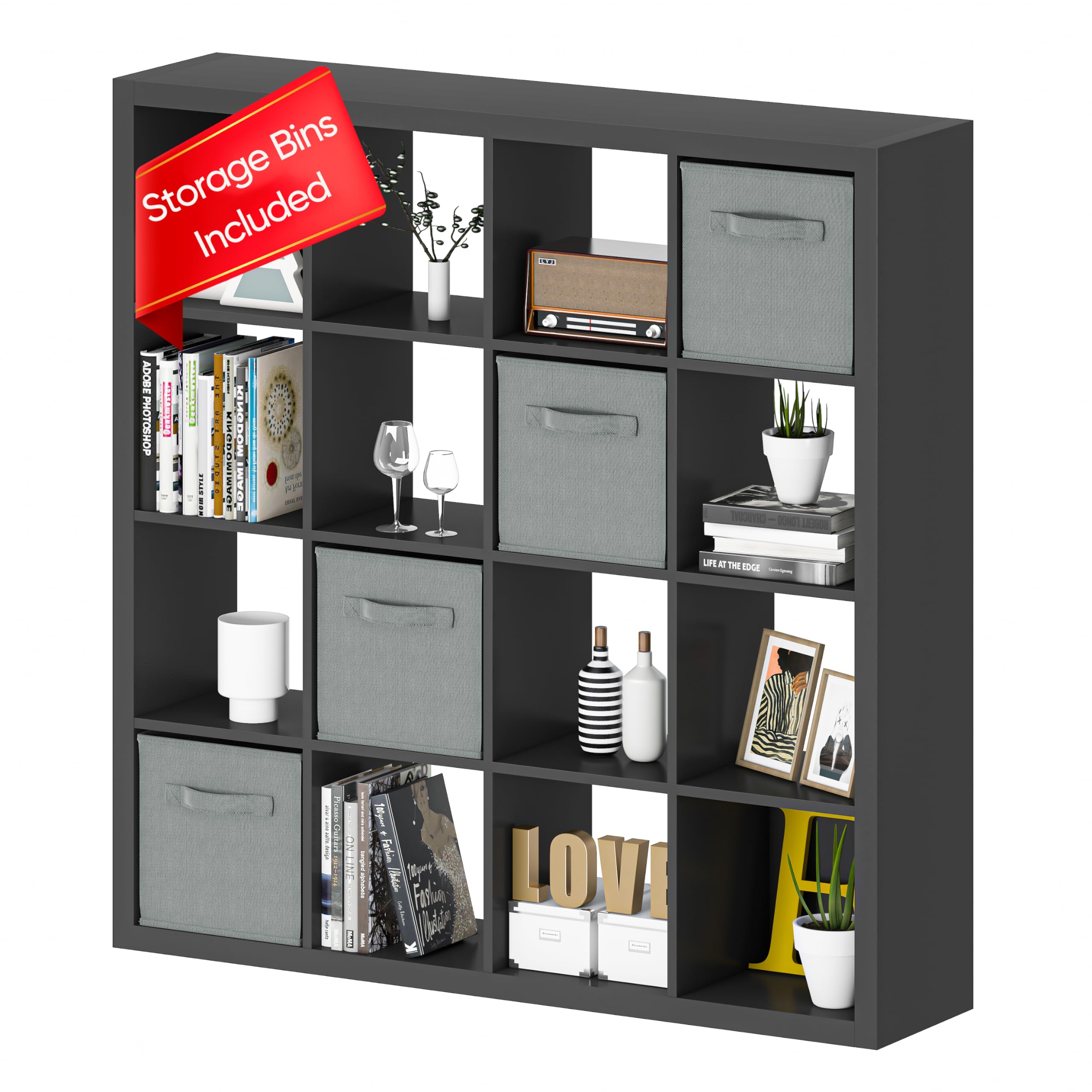 Bookshelf with Storage Bins, 16-Cube Storage Organizer with Back Panels ...