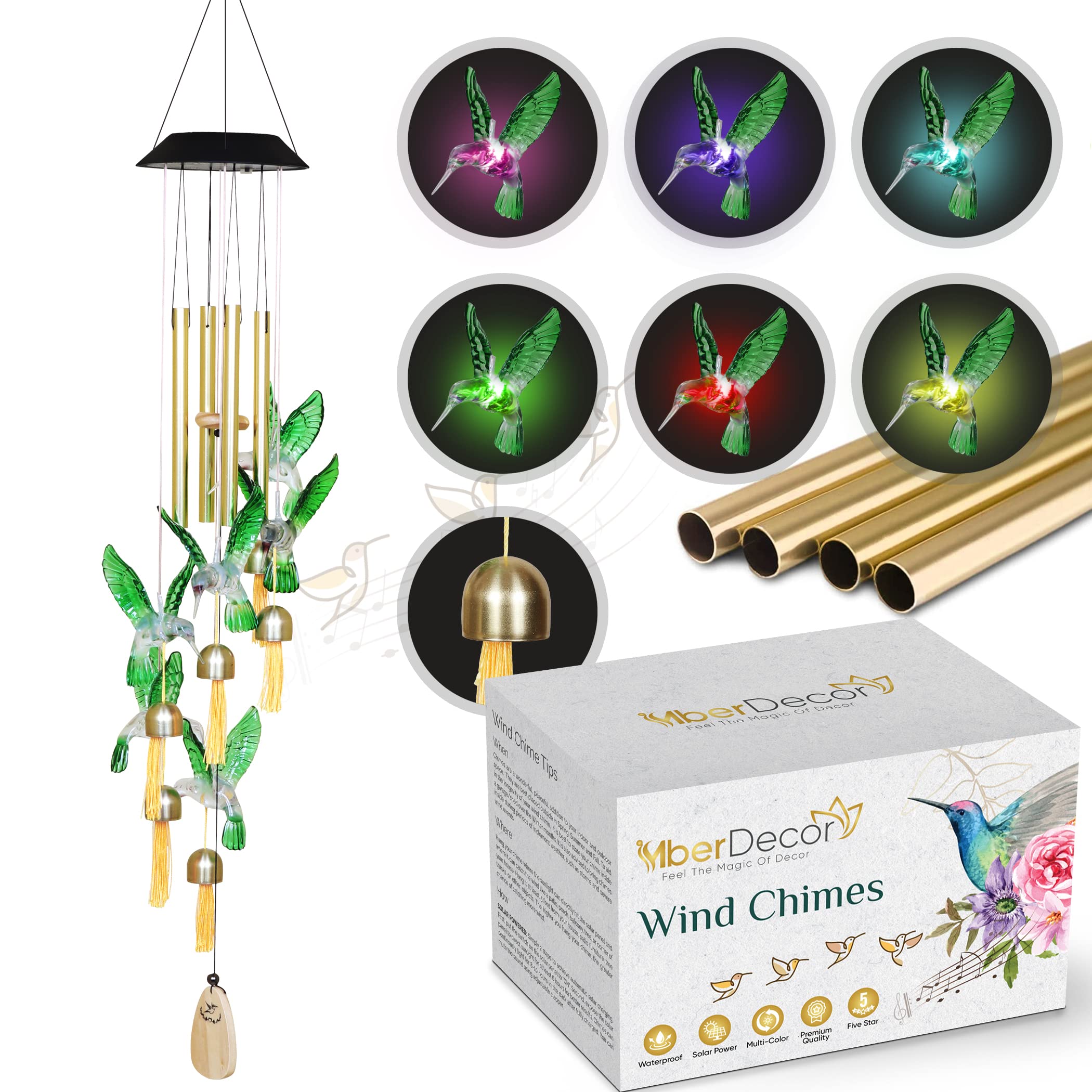 IMber Decor Hummingbird Wind Chimes - Outdoor Solar Wind Chimes with 6 ...