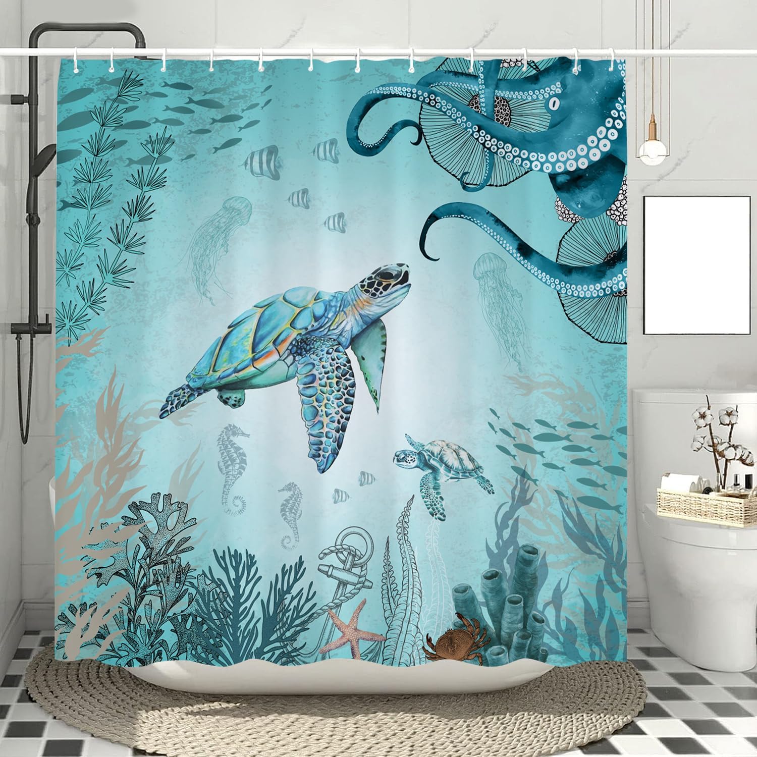 Amazon.com: Sea Turtle Shower Curtain, Teal Blue Ocean Beach Coastal ...