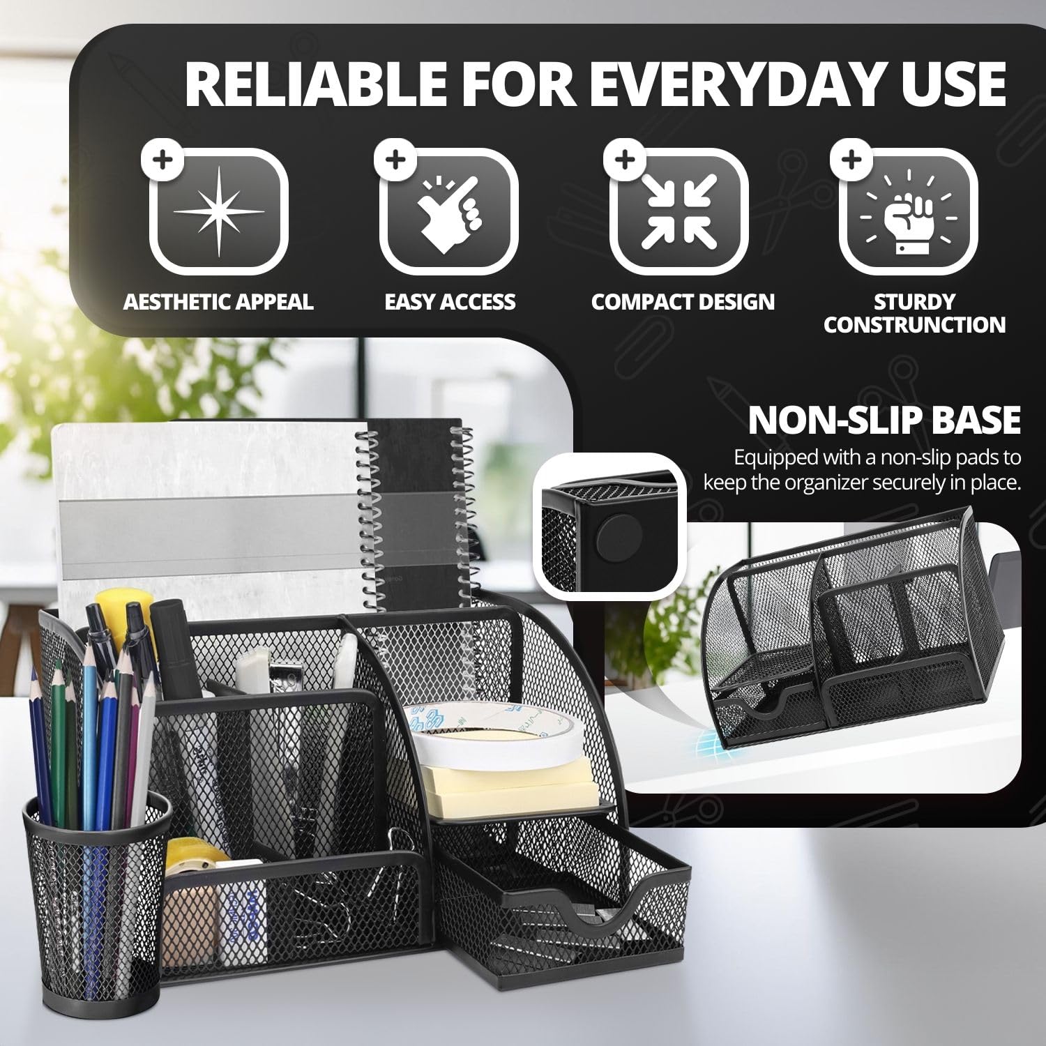 Snapklik.com : Flexzion Desk Caddy Organizer Set (Black) - Metal Mesh ...