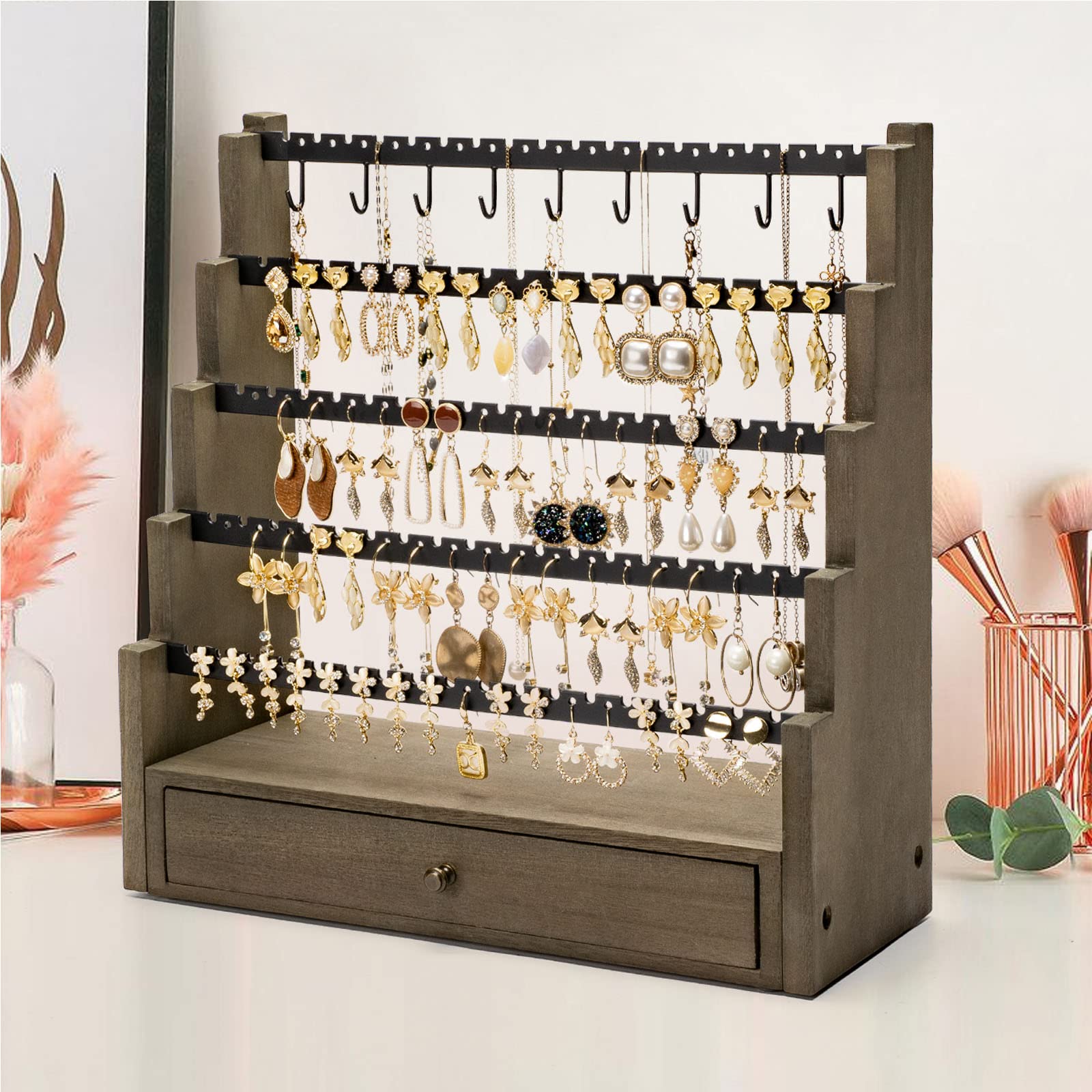 Earring Organizer, 5 Layer Earring Holder Organizer with Metal Necklace ...