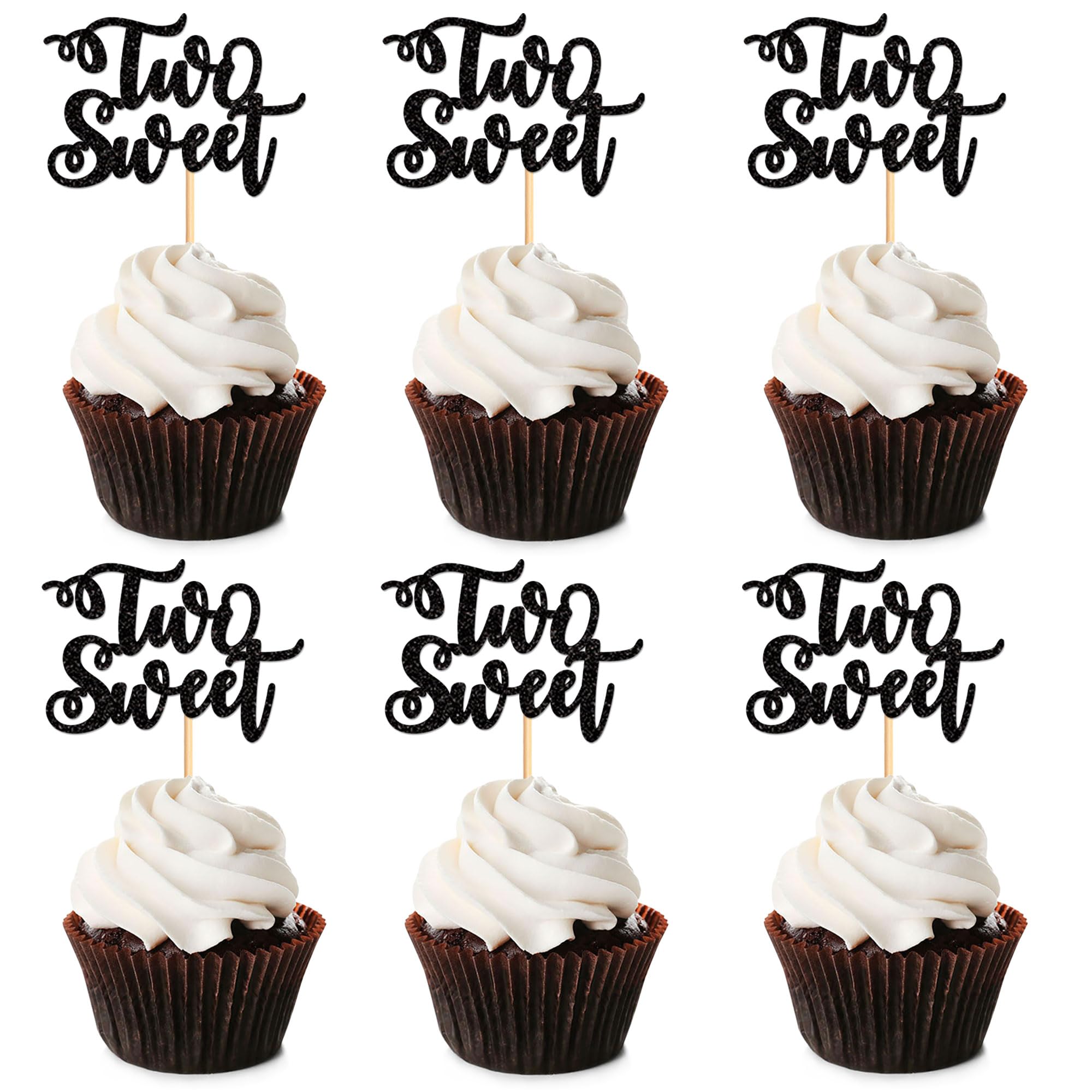 Amazon.com: Ercadio 24 Pack Two Sweet Cupcake Toppers Black Glitter Two ...