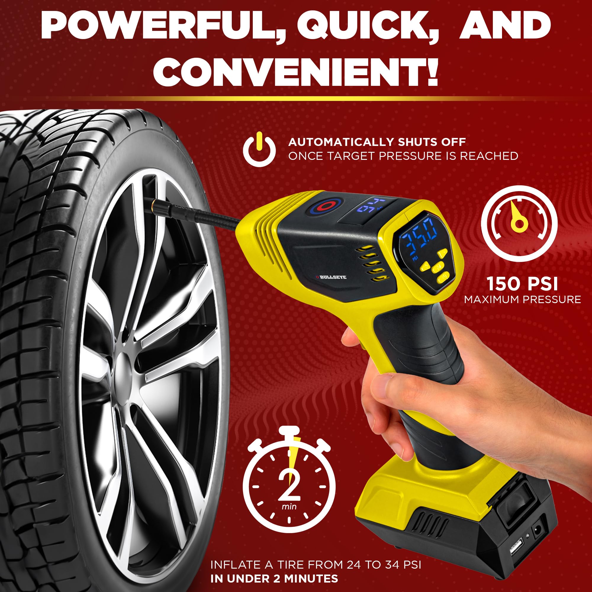 Snapklik.com : Bullseye Pro Digital Auto Air Pump For Car Tires 150 PSI ...
