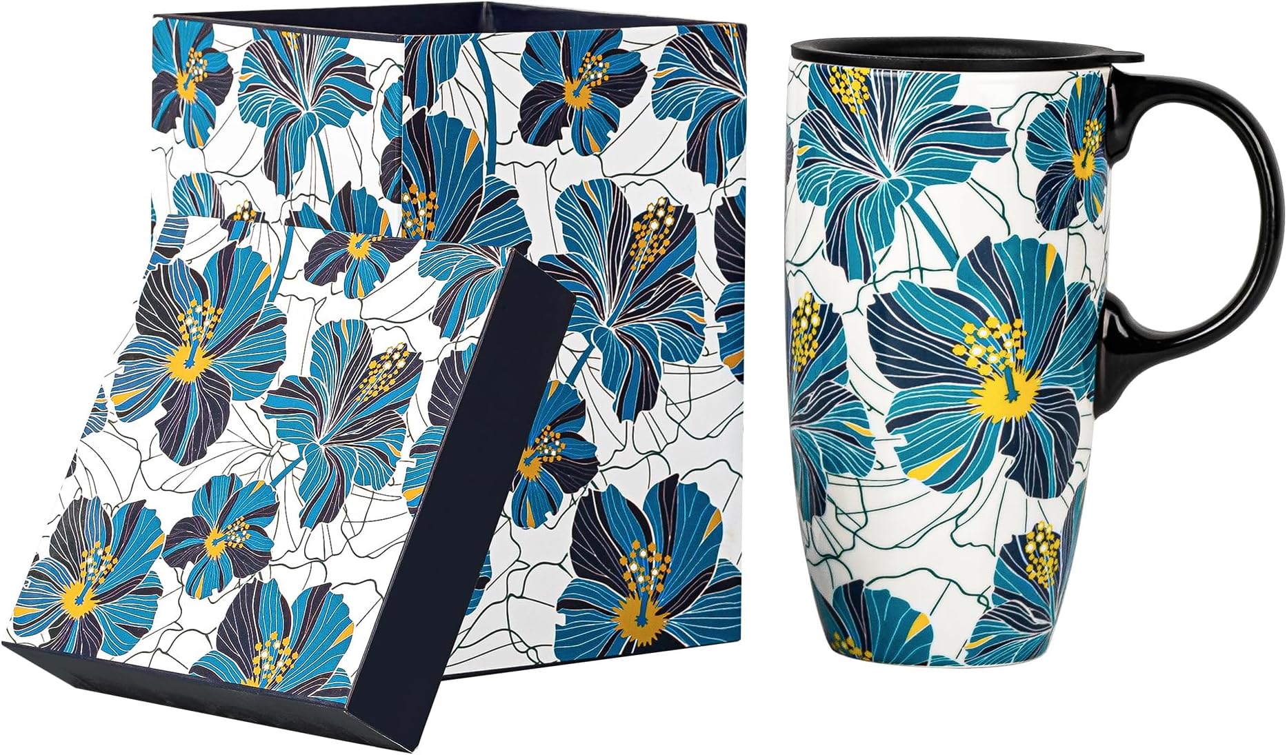Amazon.com: Shades of Indigo Flowers and Butterflies Ceramic Travel ...