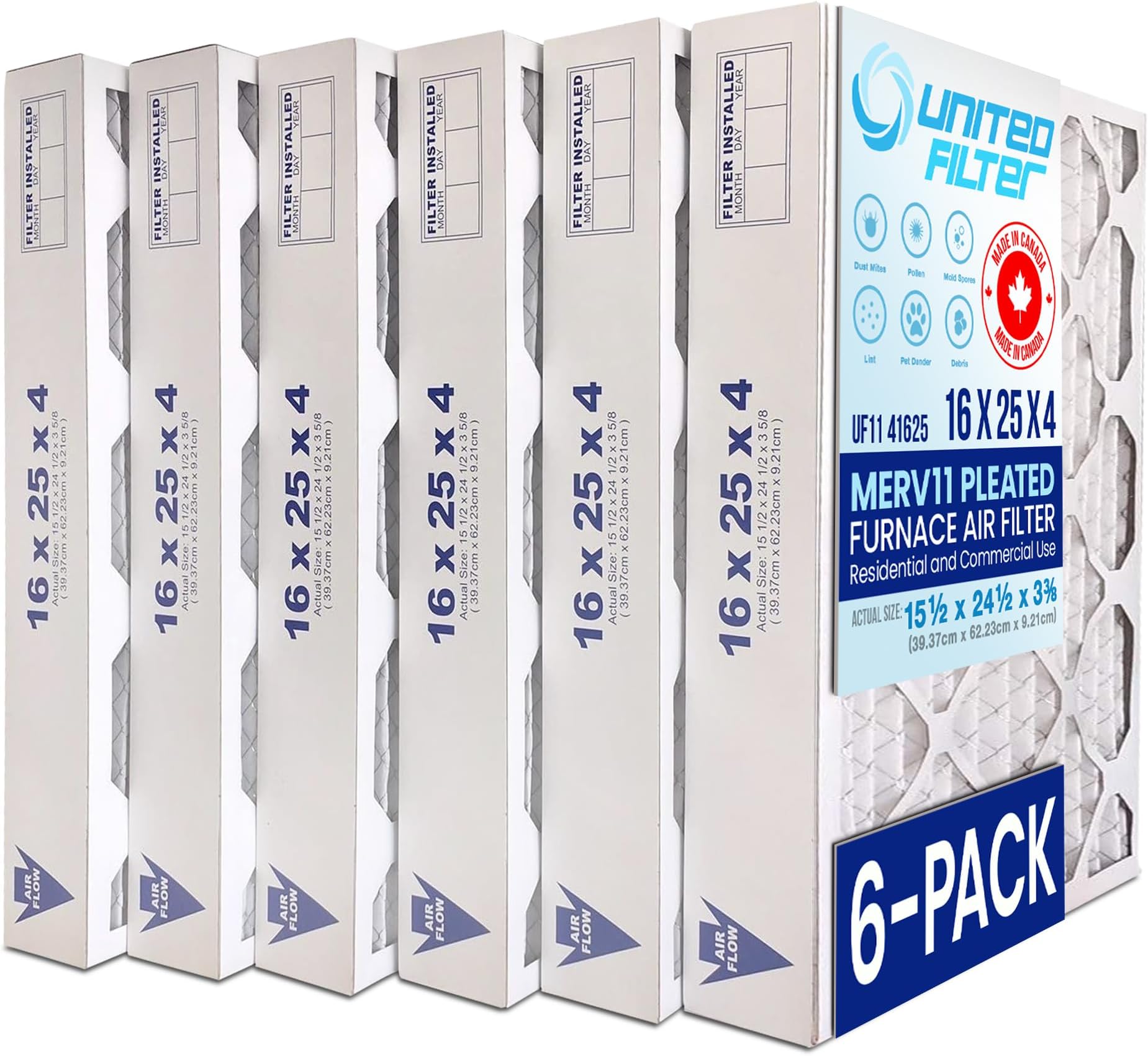 United Filter 16x25x4 MERV 11 Pleated Furnace Air Filters (Case of 6 ...