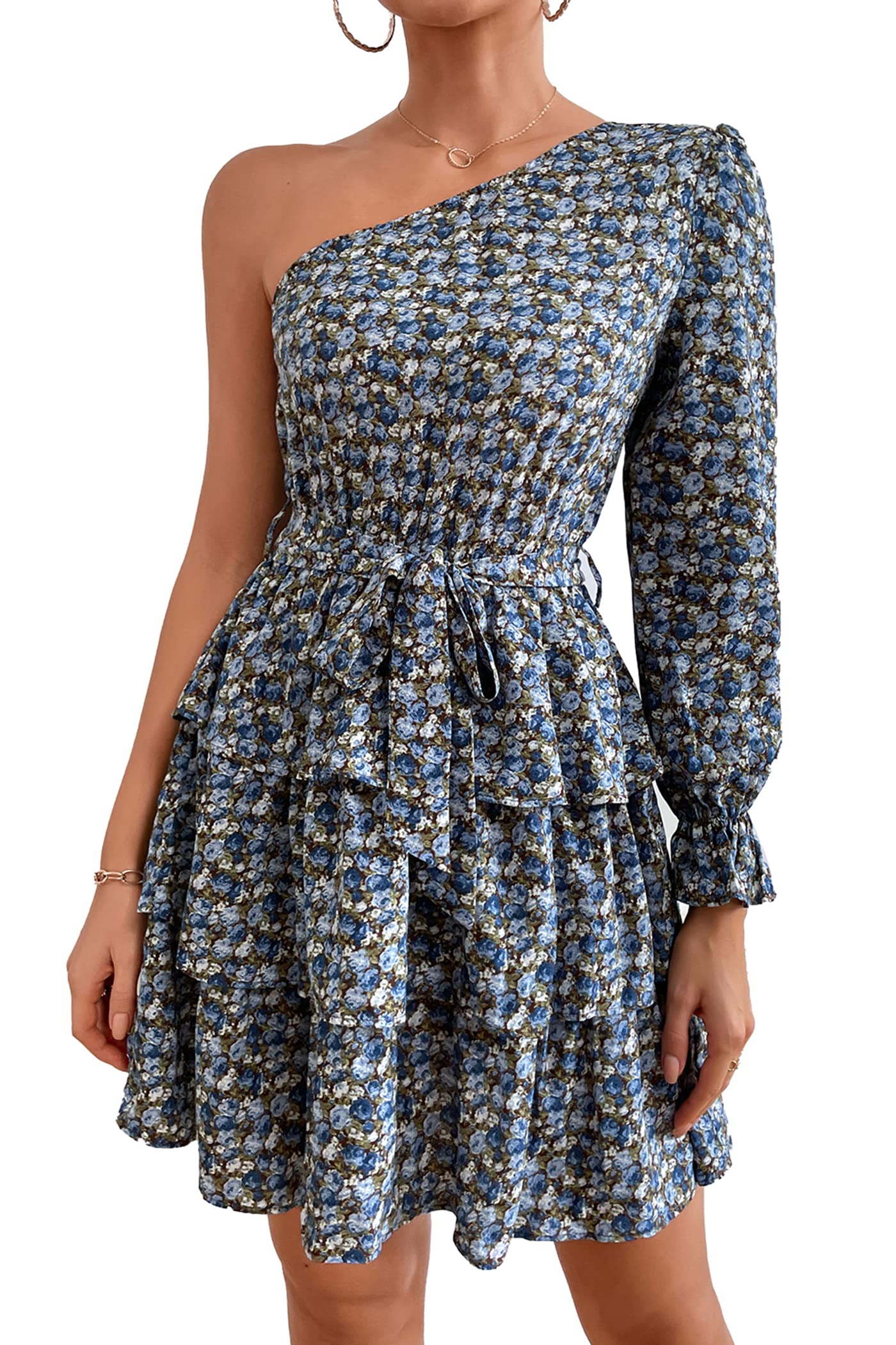 PRETTYGARDEN Women's One Shoulder Boho Floral Dress Elastic Waist ...