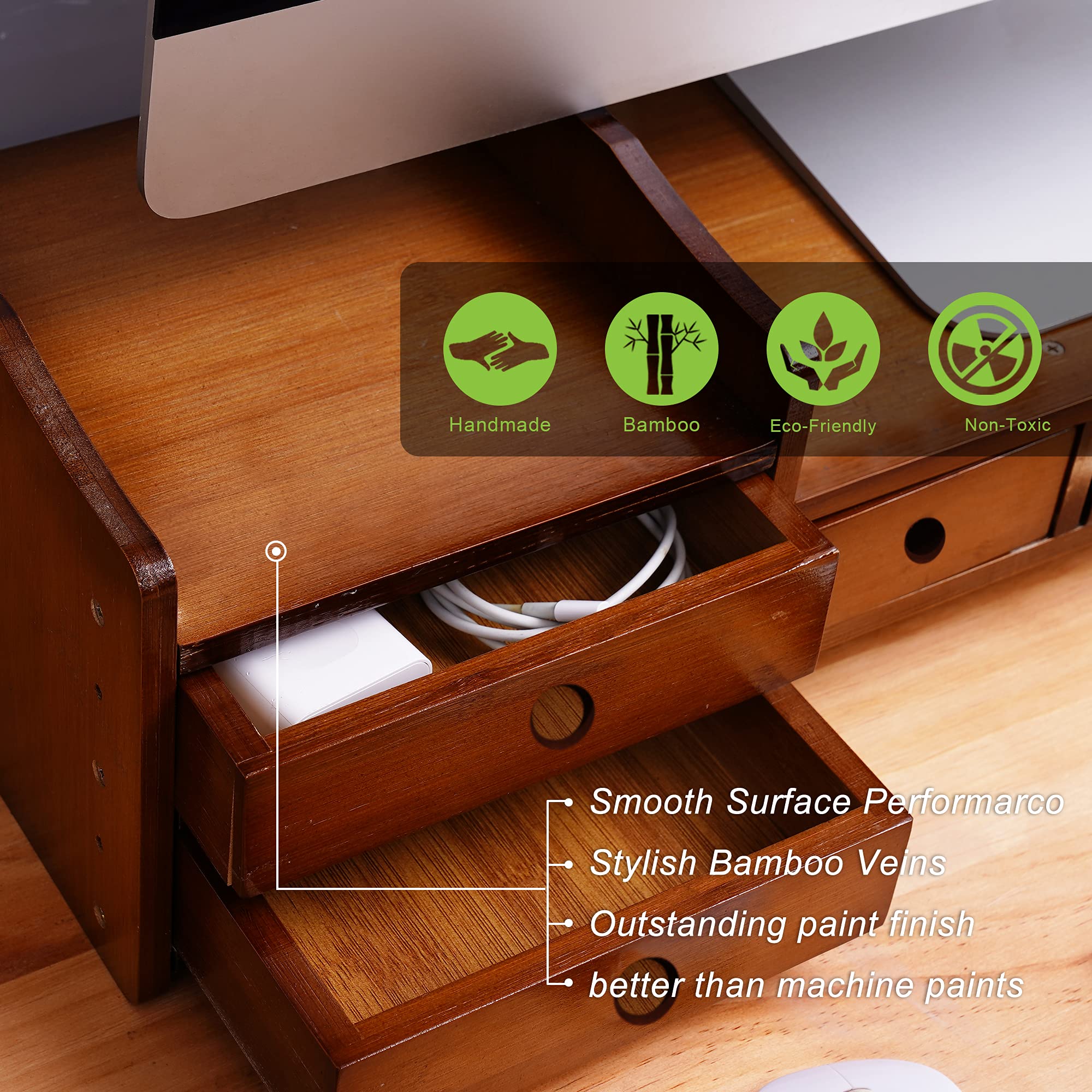 Sundale Bamboo Monitor Stand Riser with Drawer, Computer Riser Desk ...