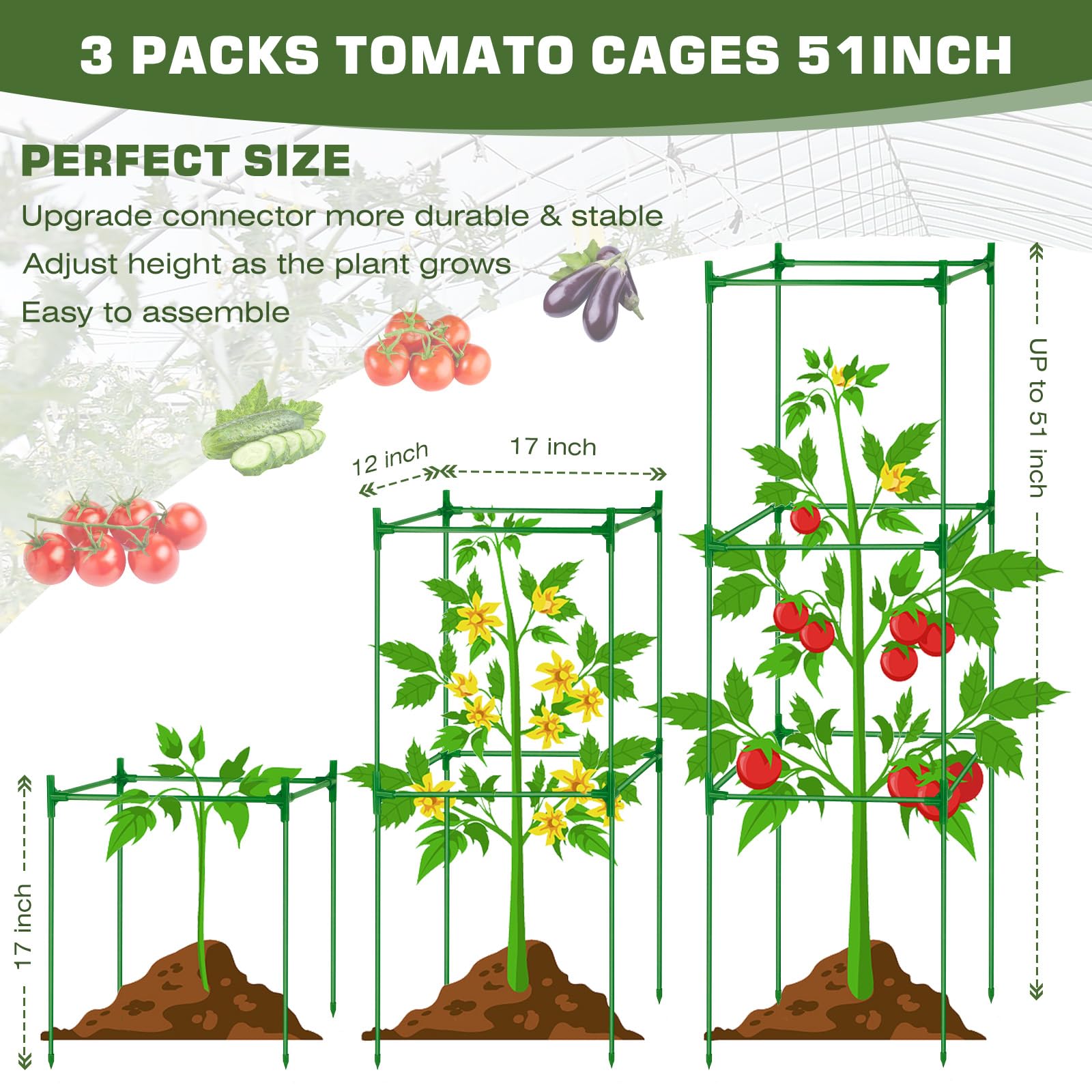 Snapklik.com : WYRJXYB Tomato Cages Square For Garden 3 Packs - Heavy Duty Steel Tomatoes Cage ...