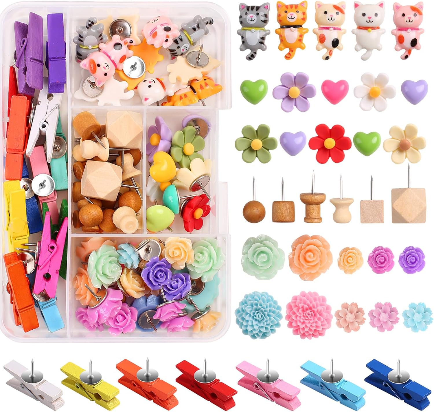 Amazon.com: Decorative Push Pins Flower & Heart Thumb Tacks Wooden Pin ...