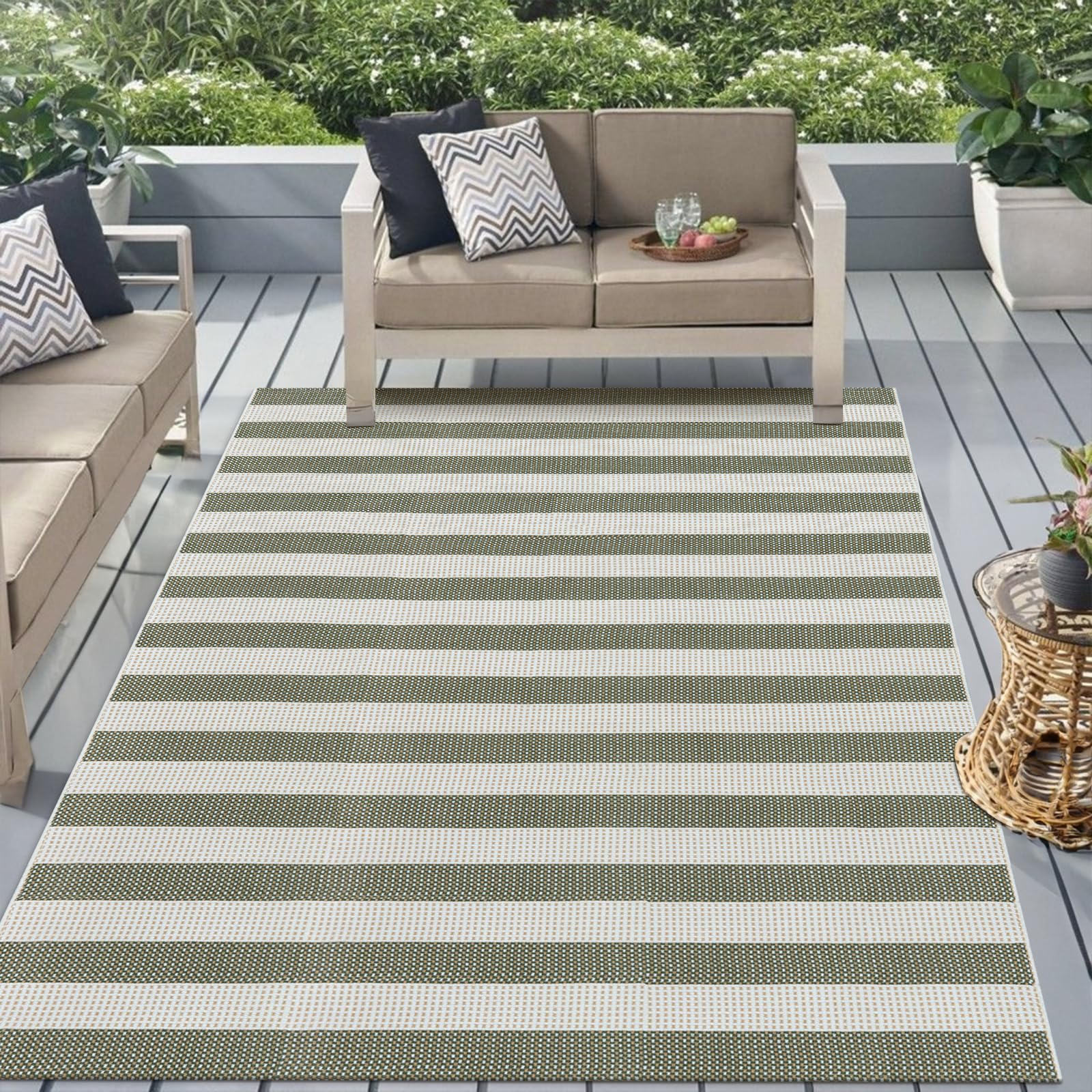 Amazon.com: Sungea Green and White Striped Outdoor Rug 5x7, Washable ...