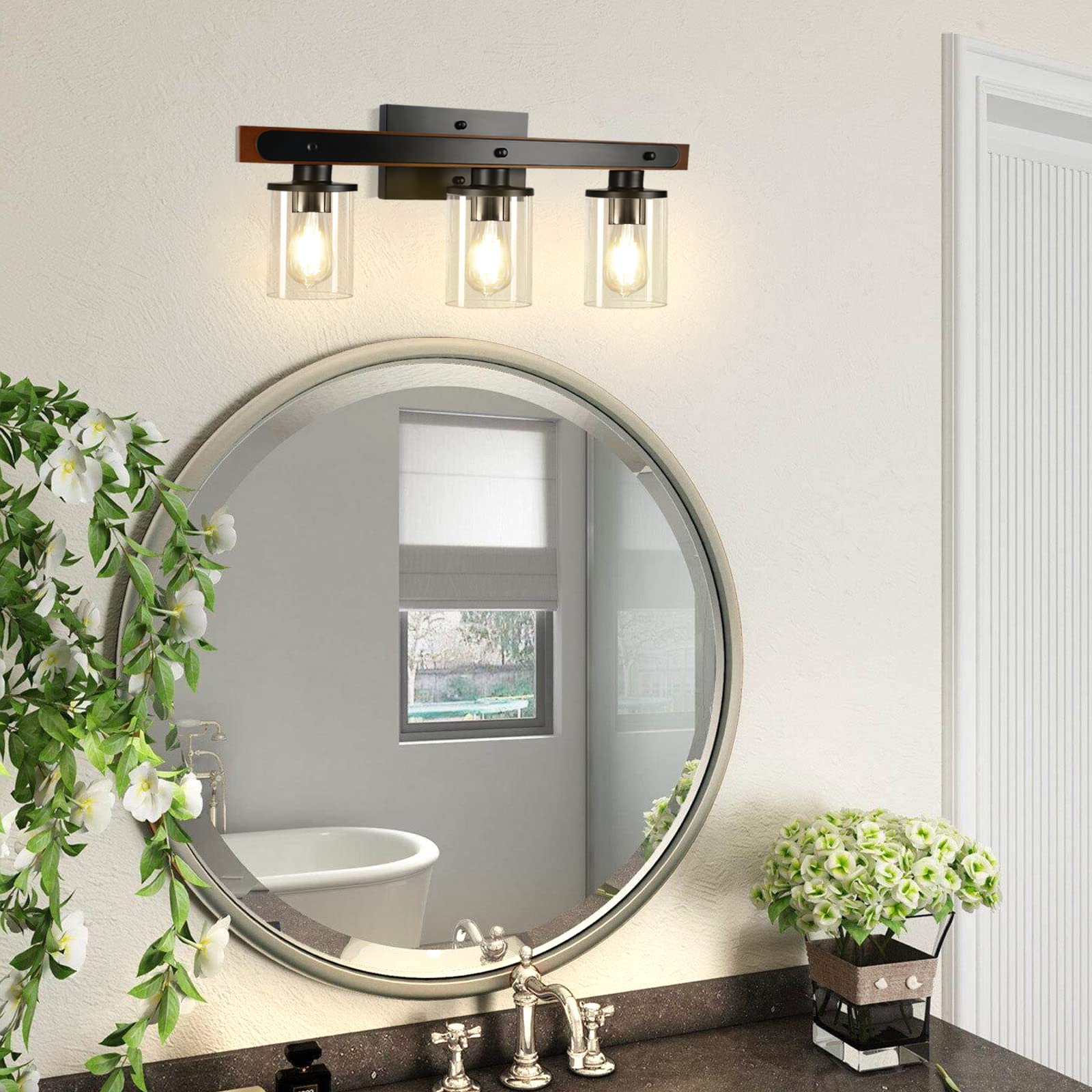 3-Lights Bathroom Vanity Light Wood Wall Light Fixtures - Wood Bathroom ...