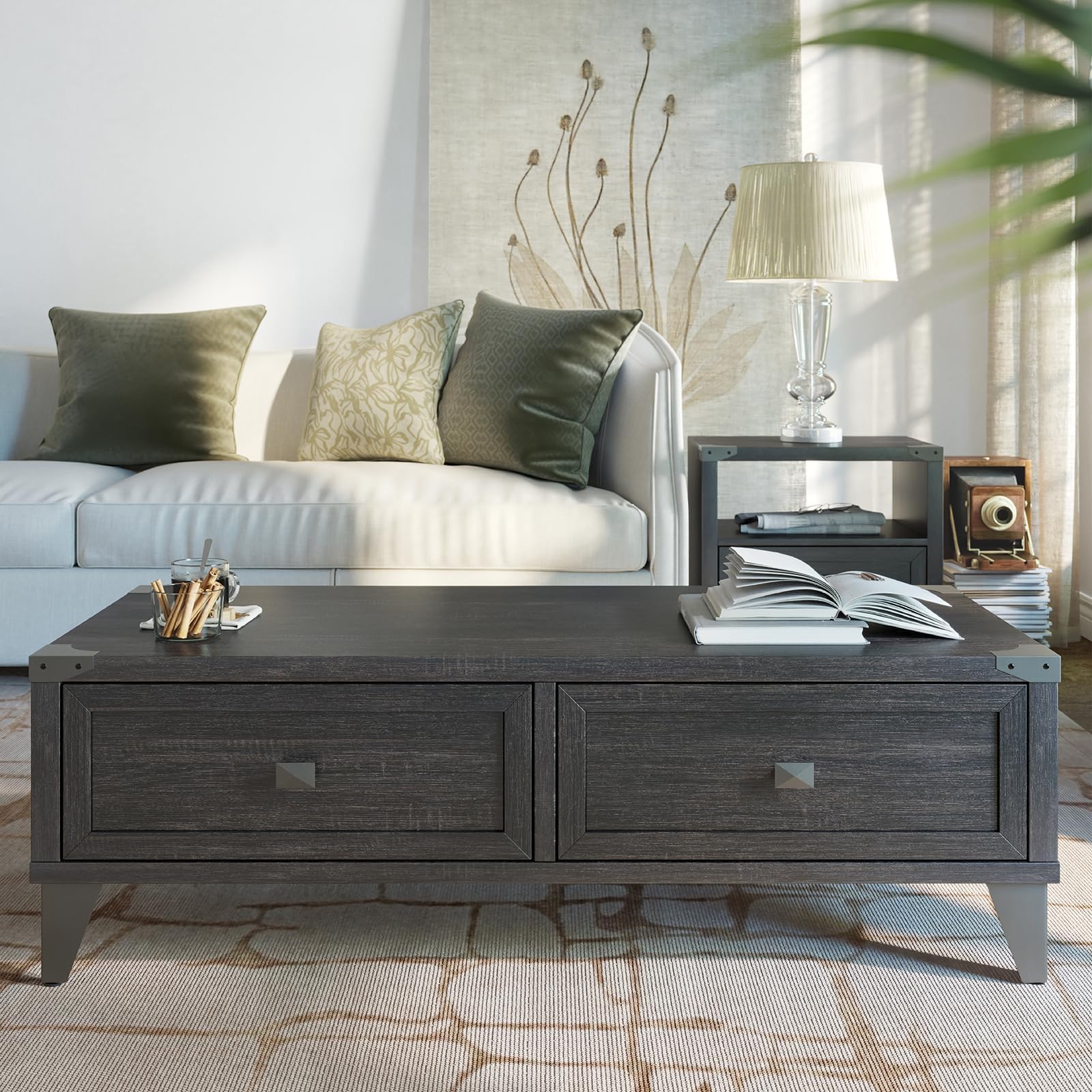 Amazon.com: VanAcc Coffee Table with Storage Drawers, Farmhouse Coffee ...