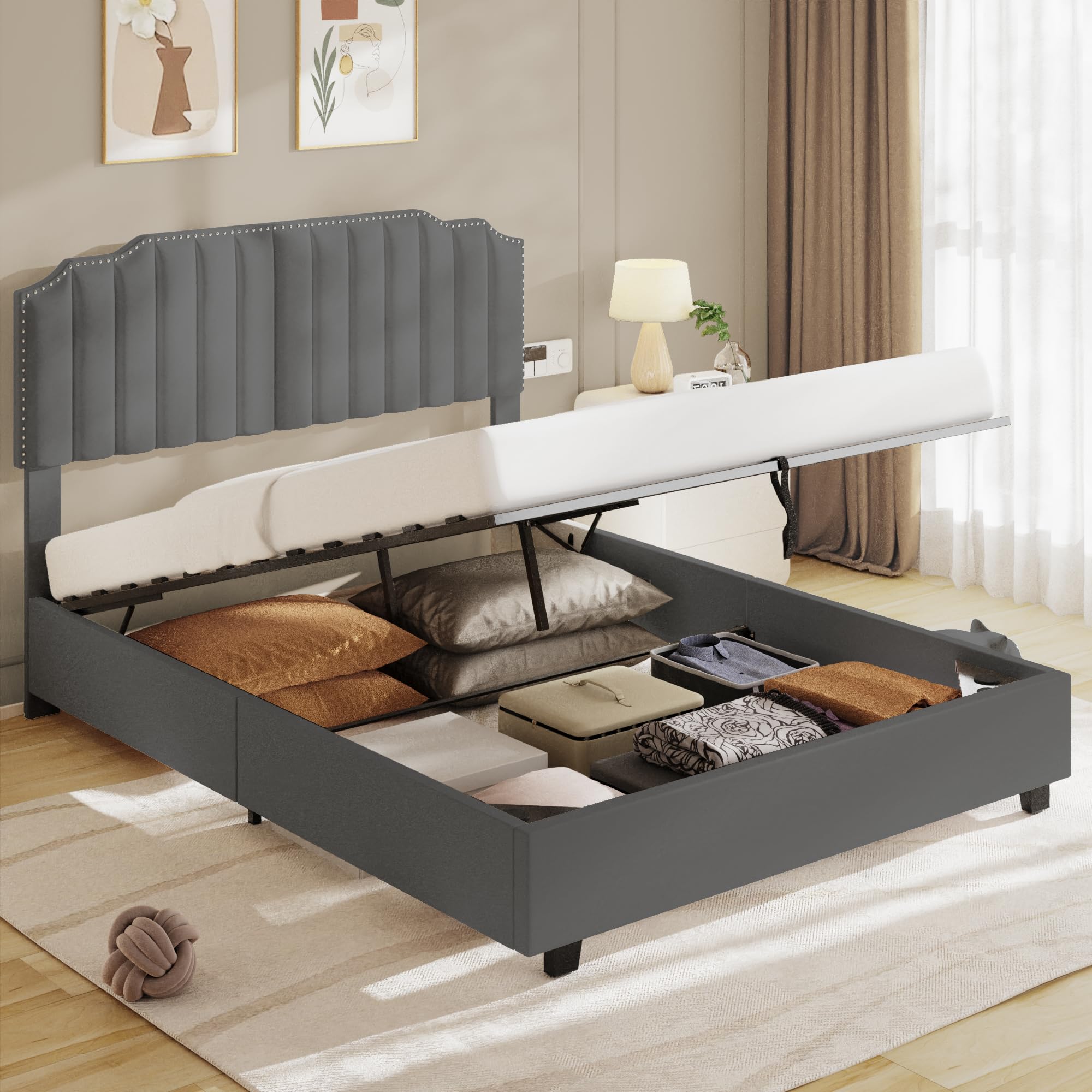 Amazon.com: VINTLJUS Queen Size Lift Up Storage Bed Frame, Upholstered ...
