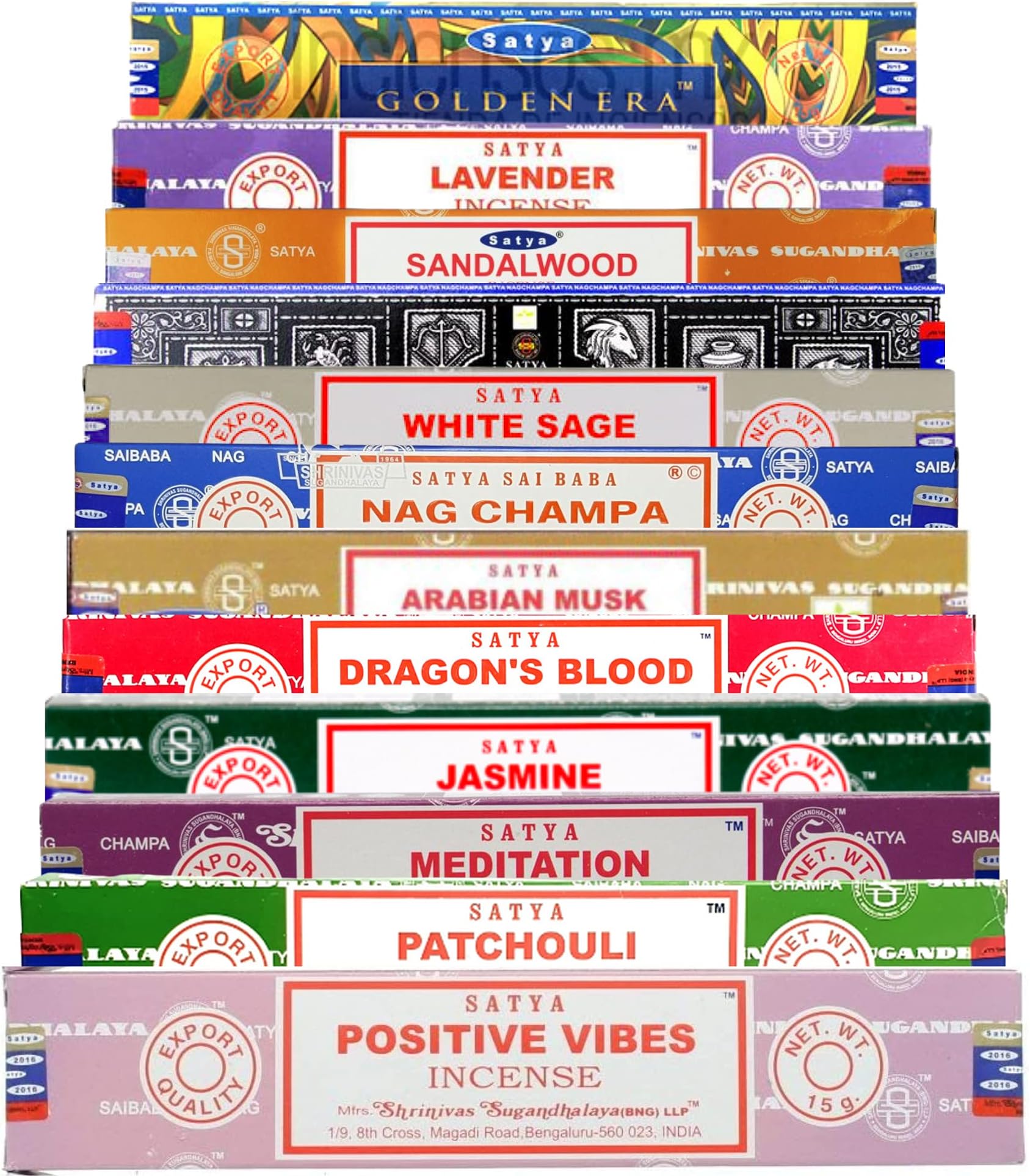 Satya Incense Set 12 x 15gram Includes: Nag, Super Hit, Oodh, Positive ...