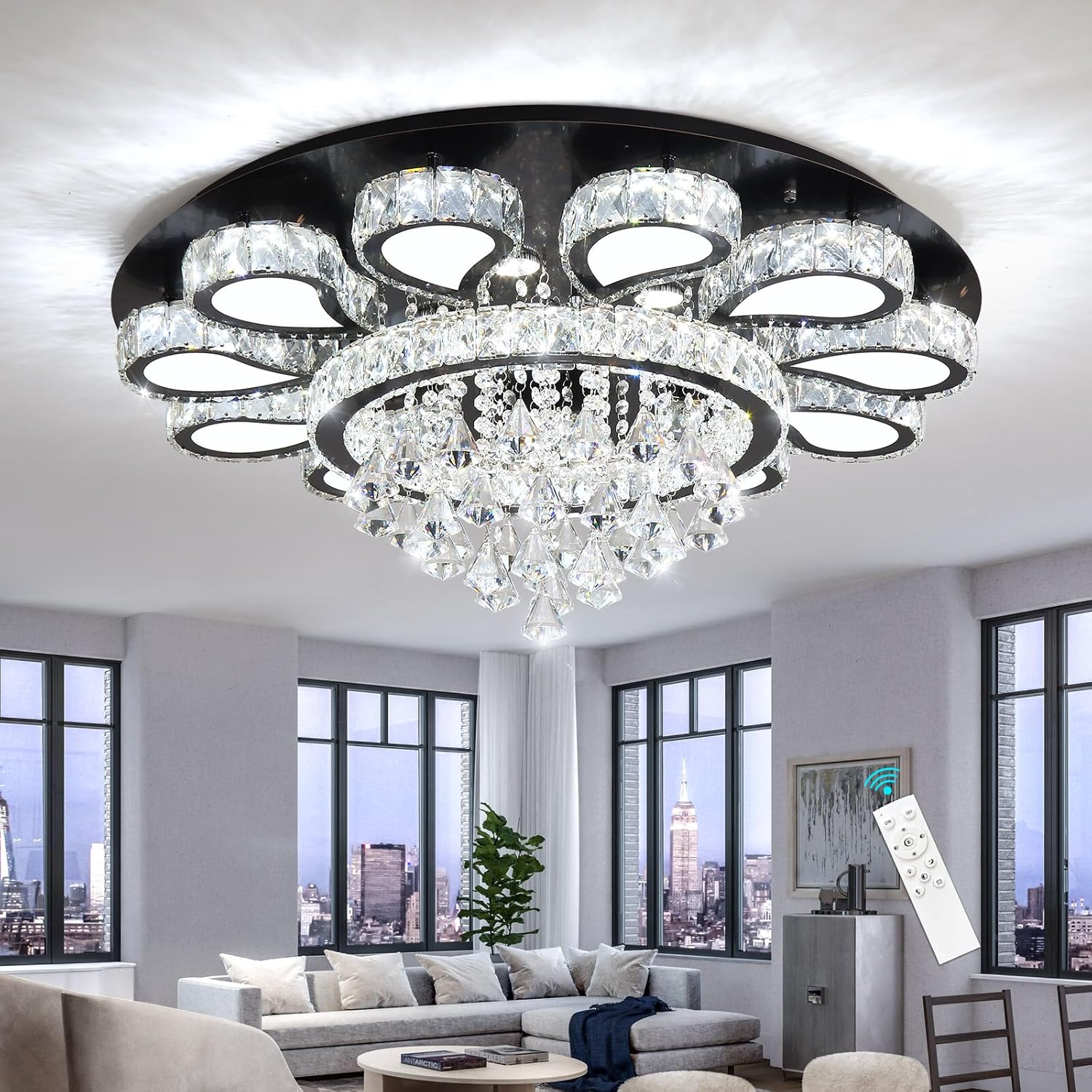 HAIXIANG Glam Crystal Chandelier for Living Room Dining Room Flush ...