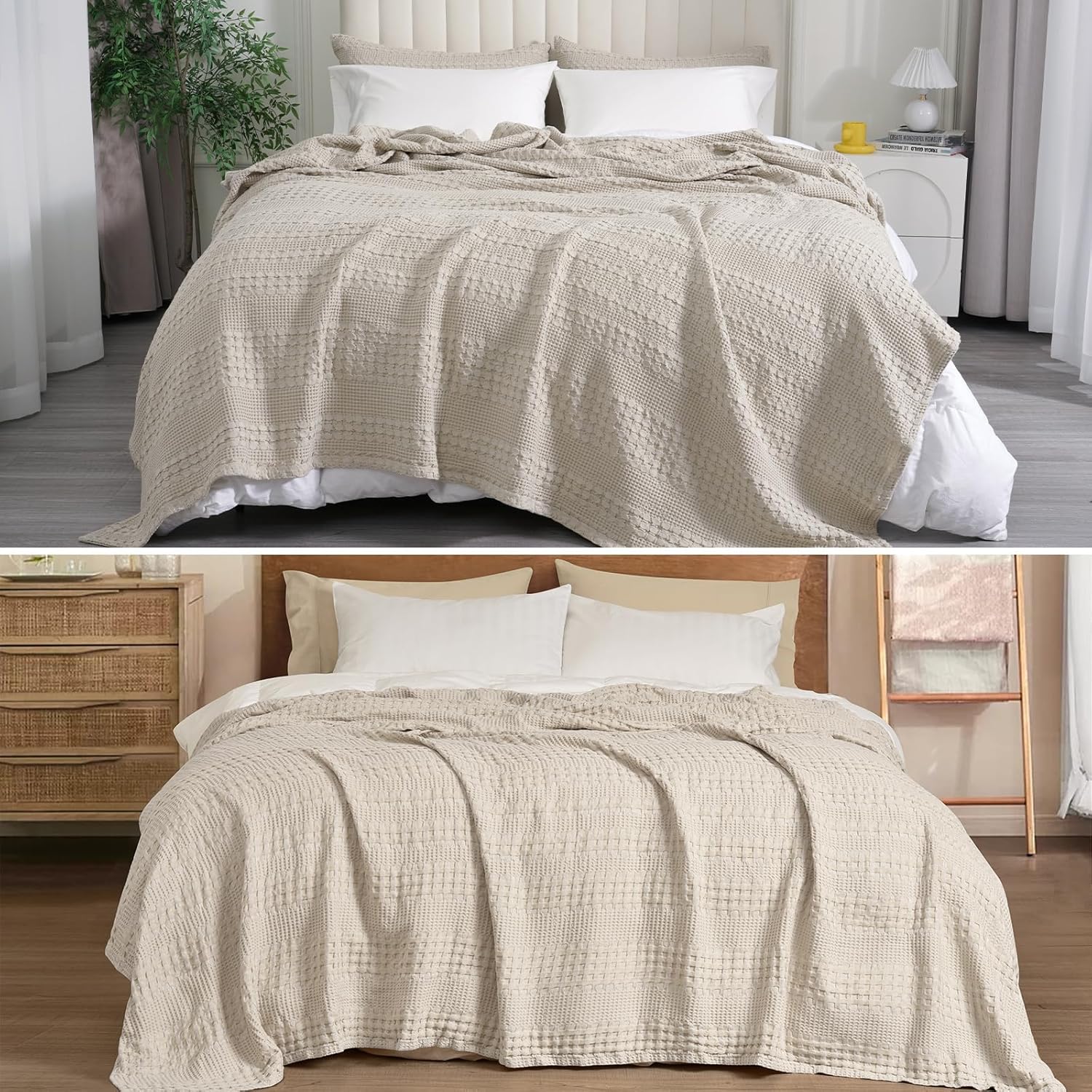 Amazon.com: PHF 100% Cotton Waffle Weave Blanket Queen Size Cooling ...