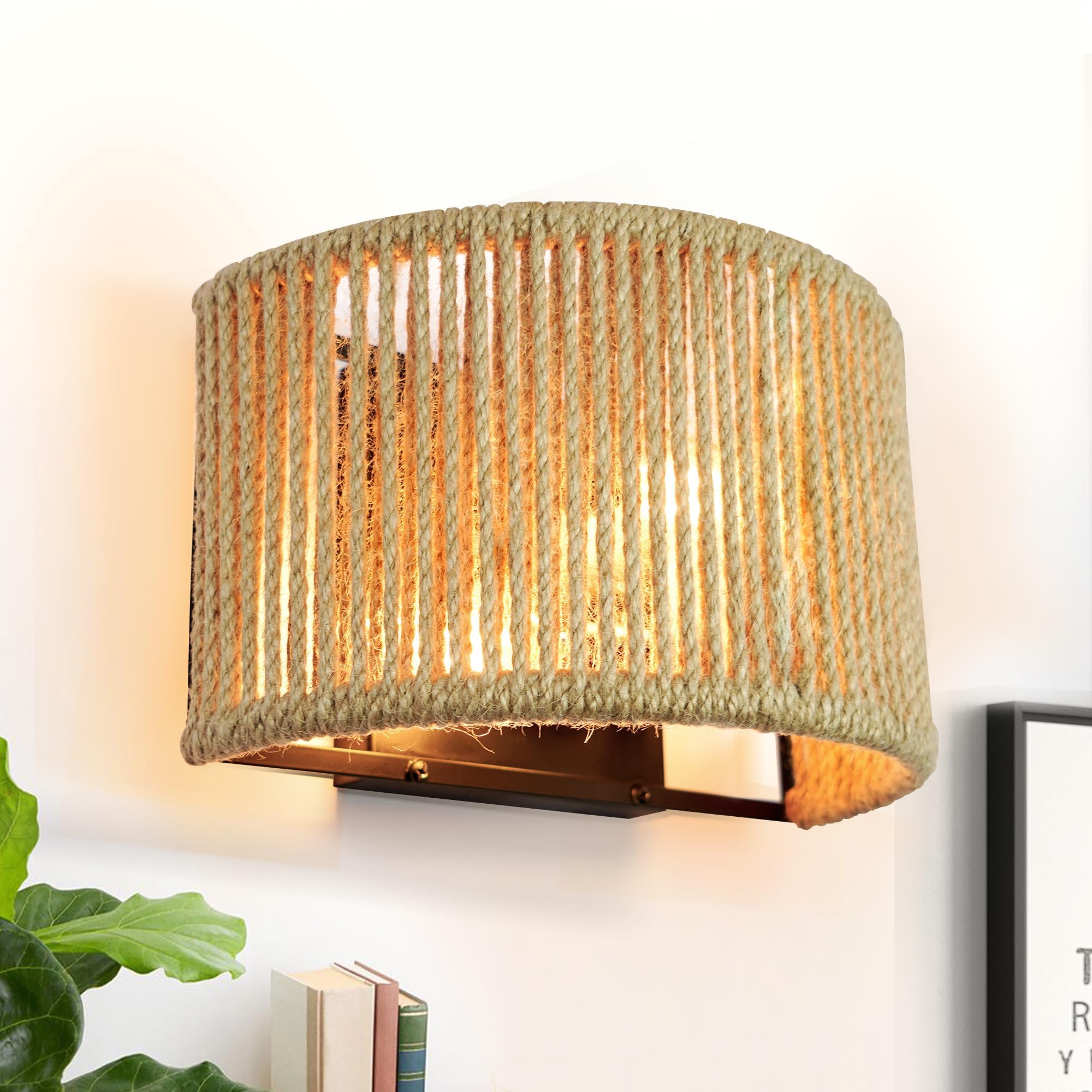 Lzawvm Rattan Wall Sconce Bohemia Woven Wall Light Fixture with Hemp ...