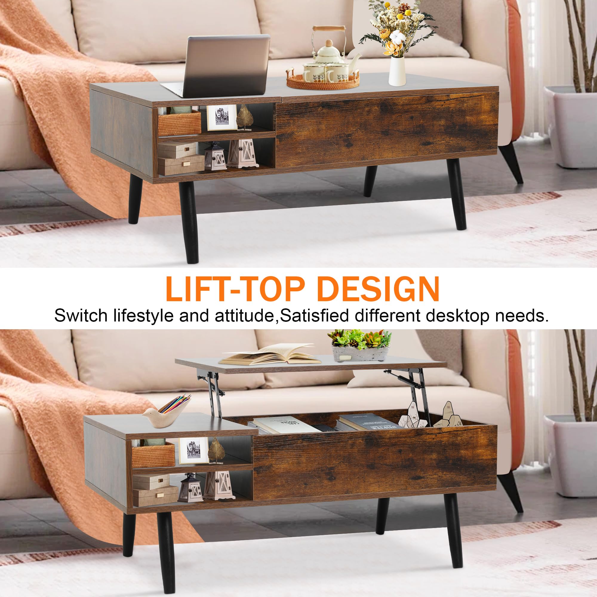Wood Lift Top Coffee Table Rising Tabletop Center Coffee Table Small ...
