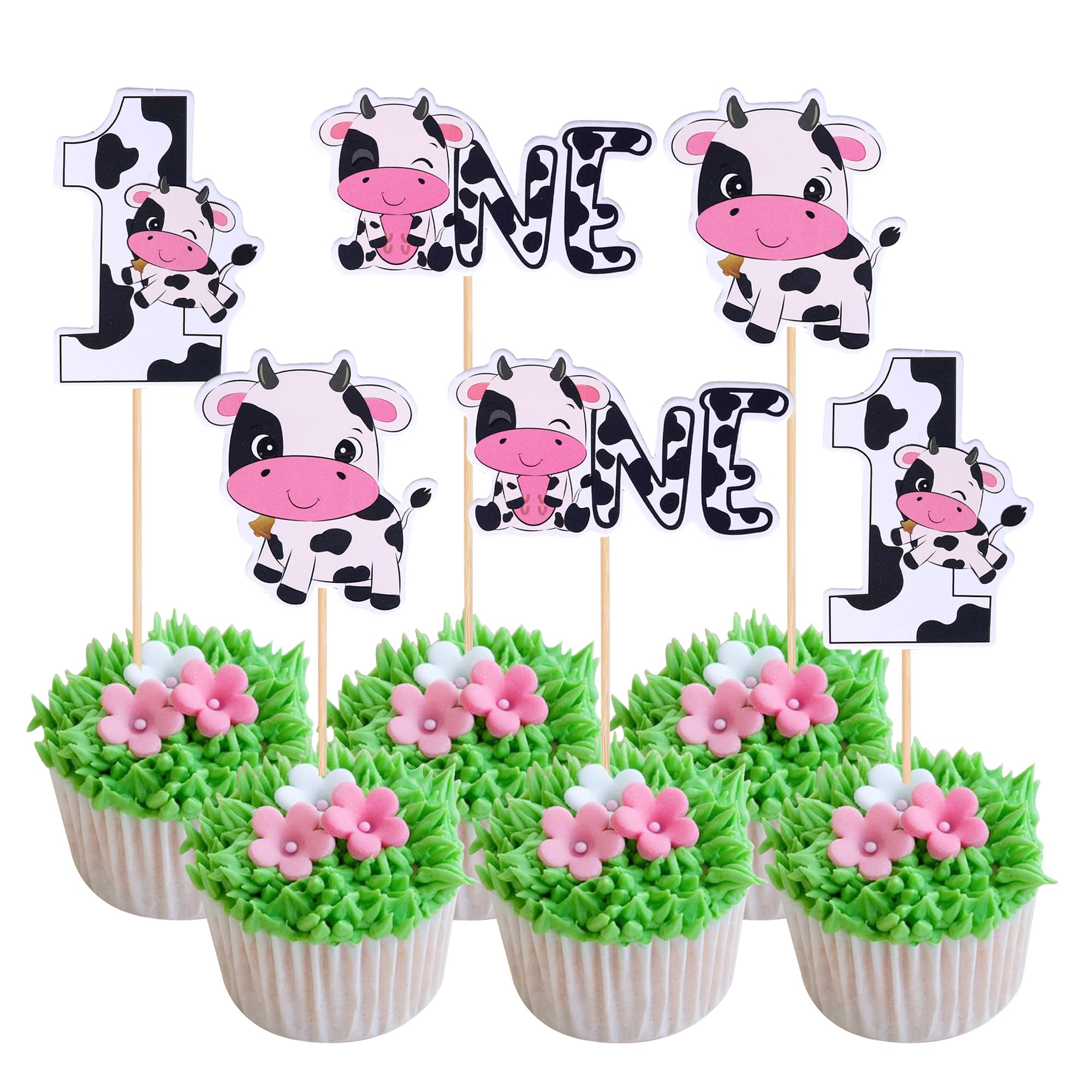Amazon.com: Rsstarxi 36 Pack Cow One Cupcake Toppers Farm Animals First ...
