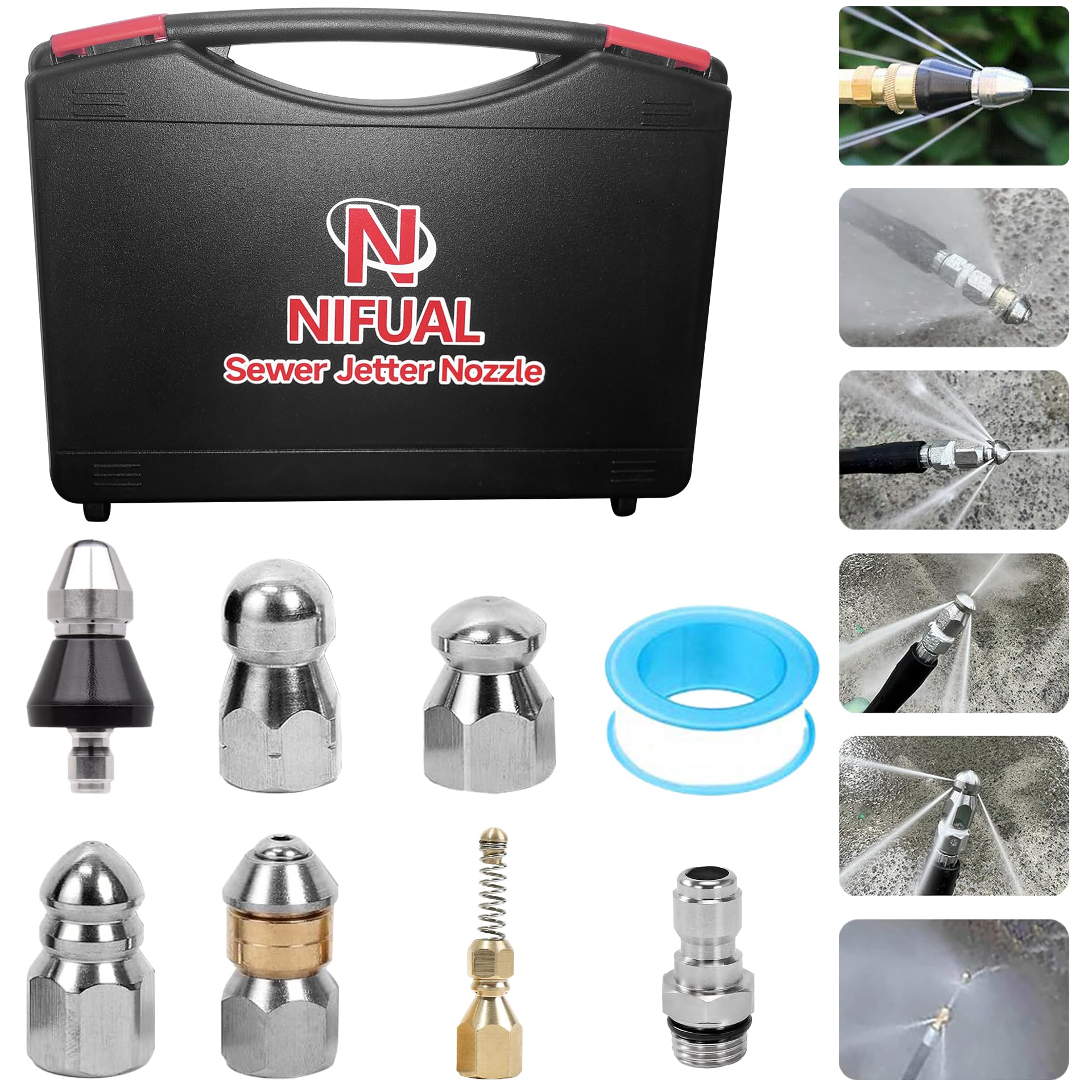 8PCS Sewer Jetter Nozzle Kit with Box, Stainless Steel Rotating Nose ...