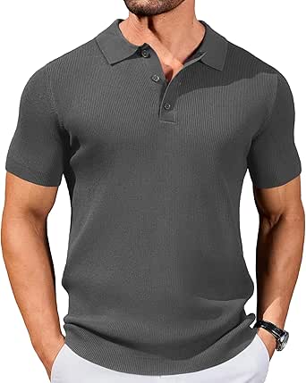 COOFANDY Men's Knit Polo Shirts Summer Button Down Shirts Crochet Classic Polo Sweaters Collared ...