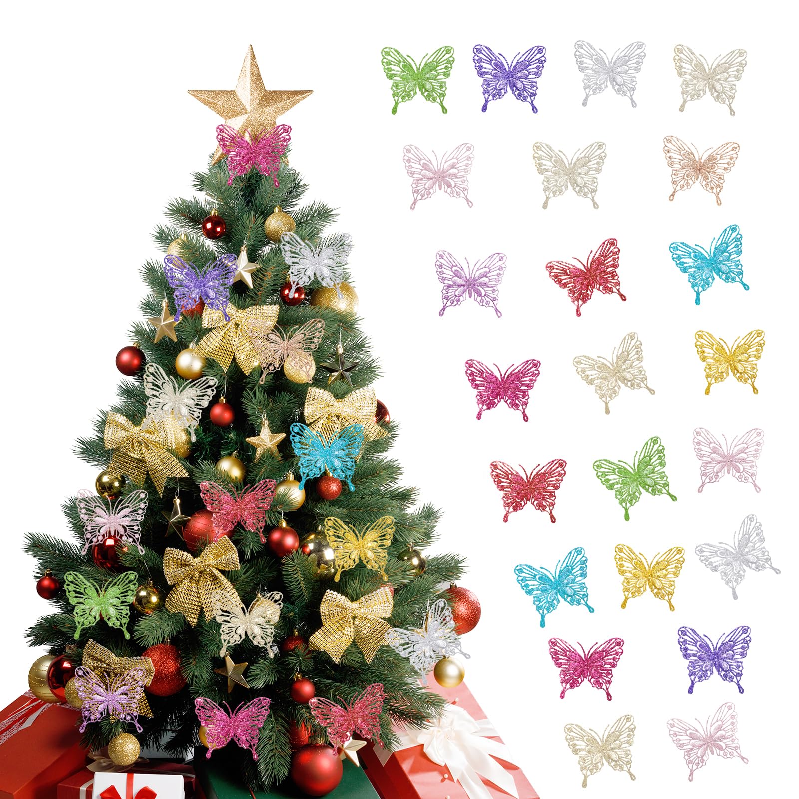 Amazon.com: 48 Pcs Glitter Butterfly Christmas Tree Ornaments Crafts ...