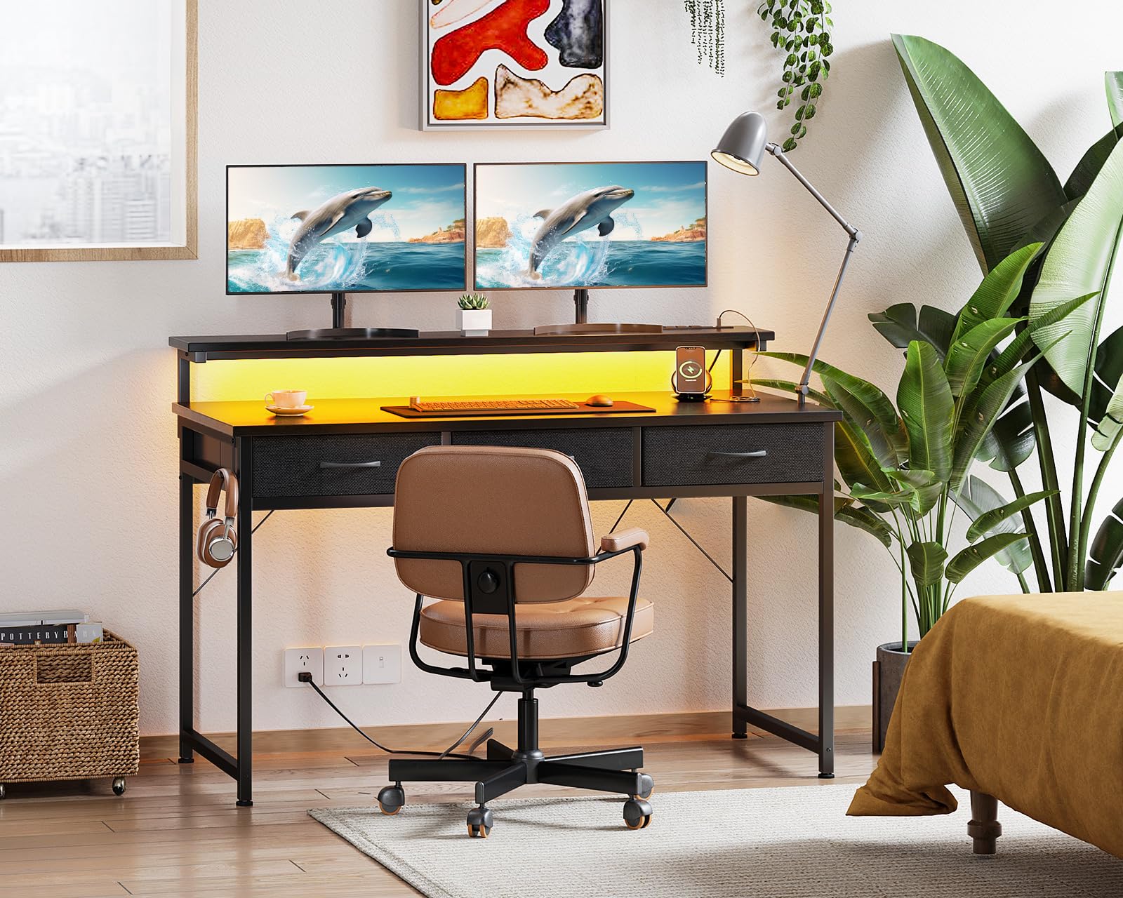 ODK 48 Inch Computer Desk with 3 Drawers and USB Power Outlets, Home ...