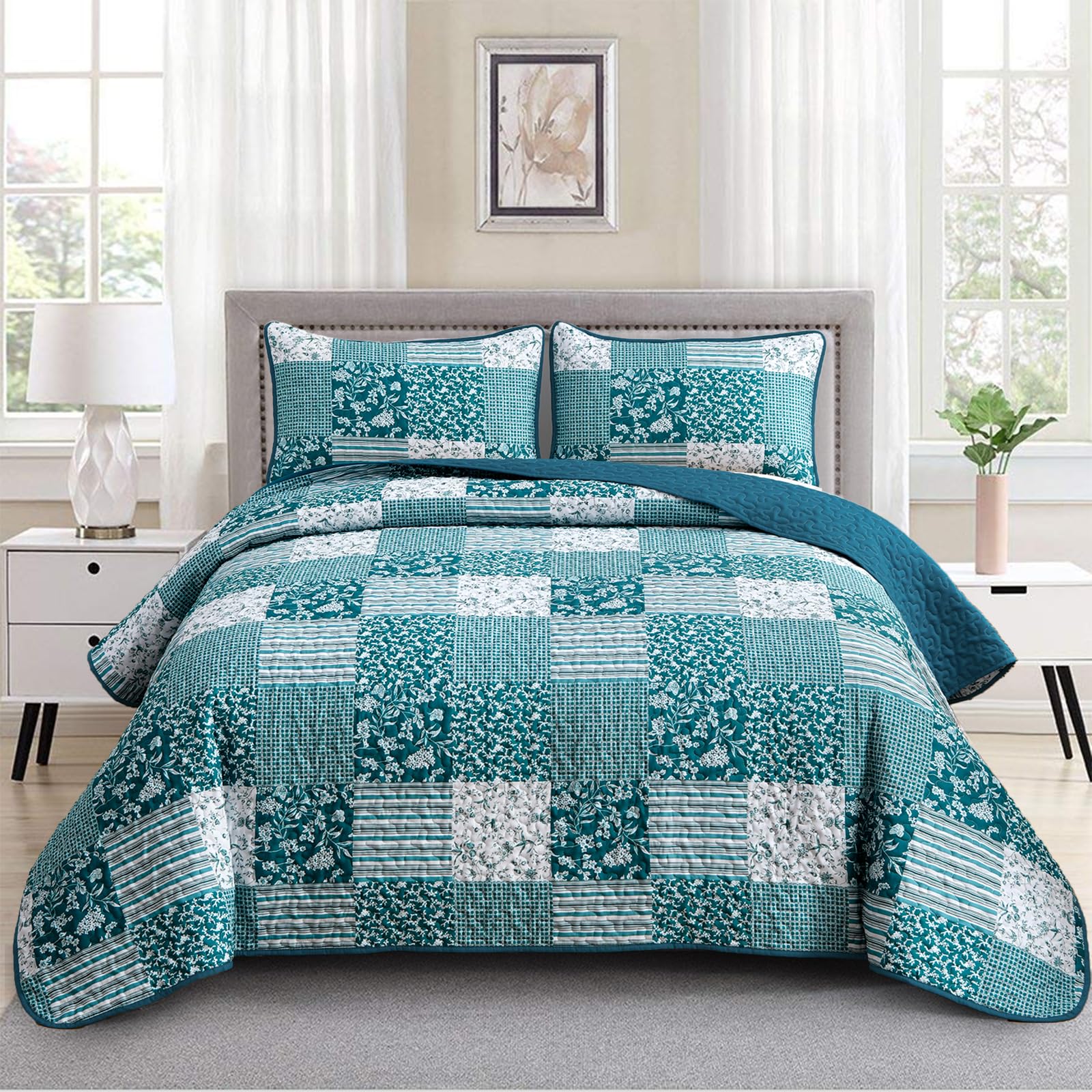 Amazon.com: Mybedsoul Teal Blue Quilt Set Queen Size 3 Pieces Boho ...