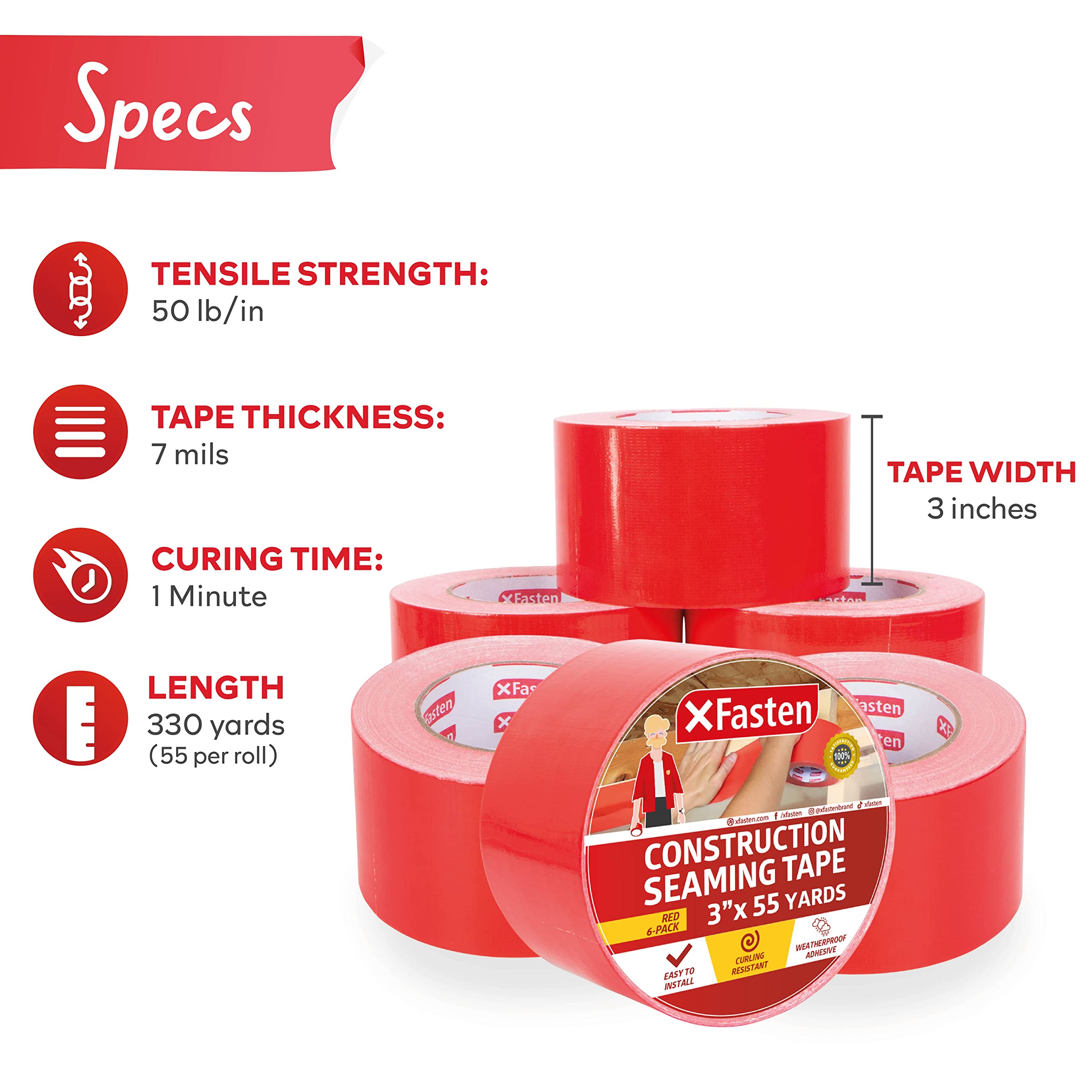 XFasten Construction Seaming Tape Red 3”x55Yds (6-Pack, 990Feet Total ...