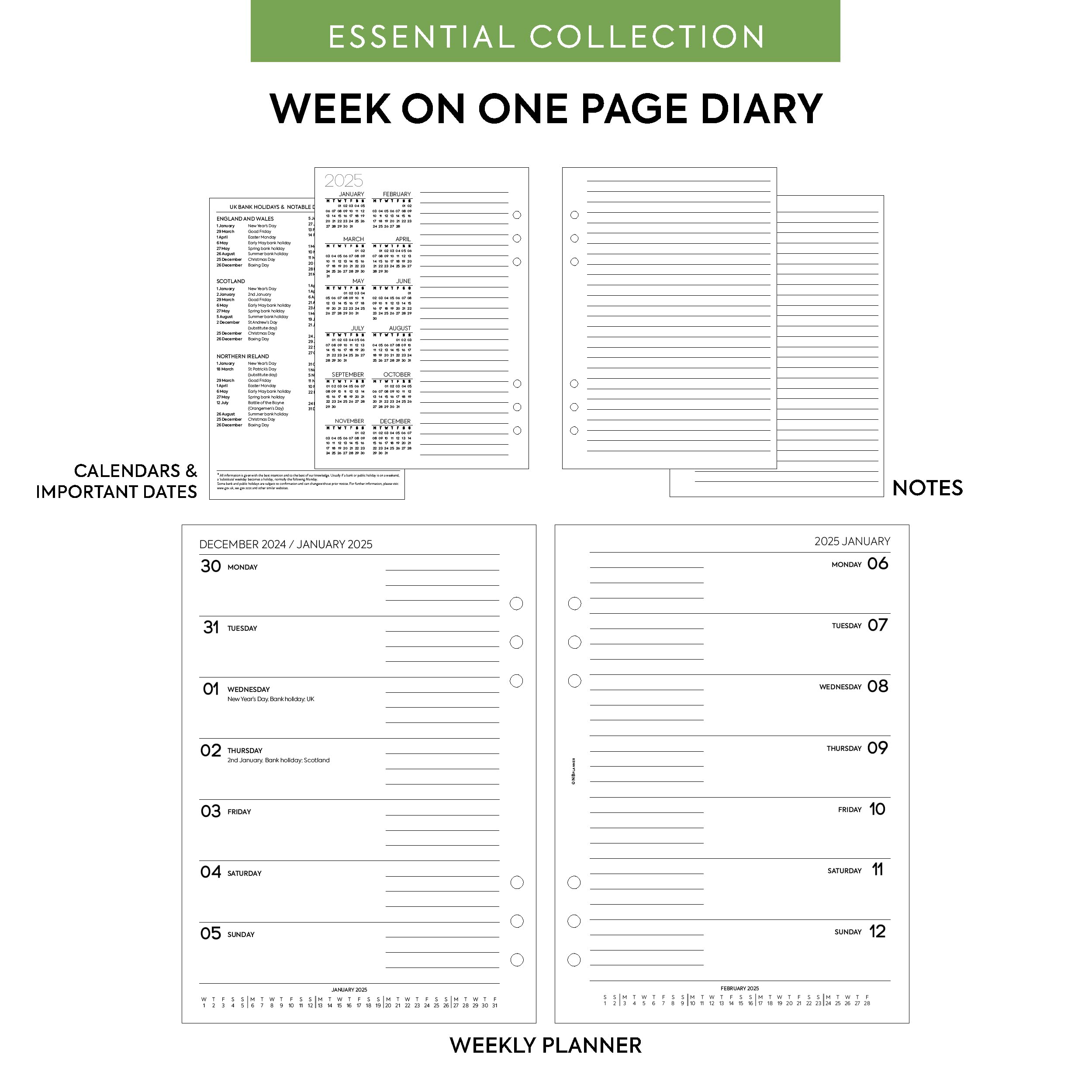 2025 Week on one page diary A5-size refill insert | Filofax A5 ...