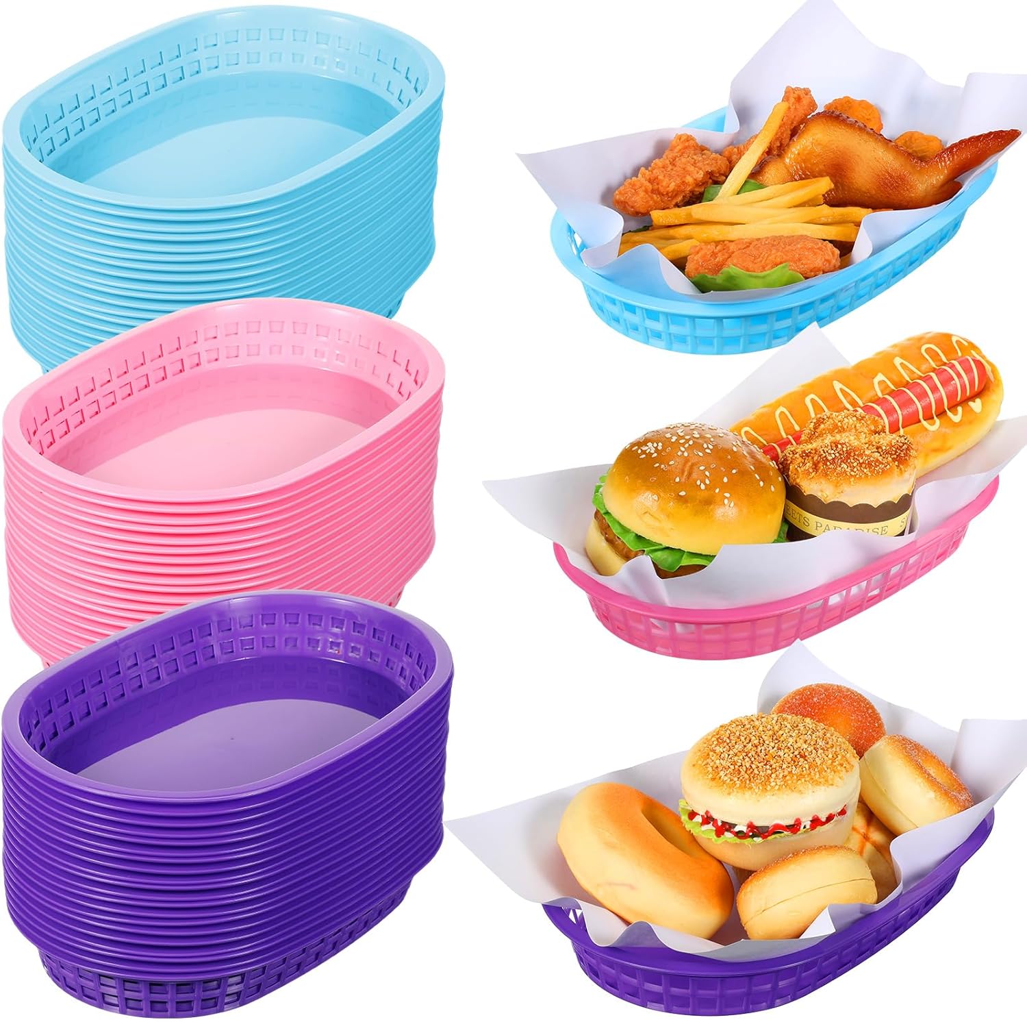 Amazon.com: Tioncy 60 Pieces Fast Food Basket Oval Colorful Plastic ...