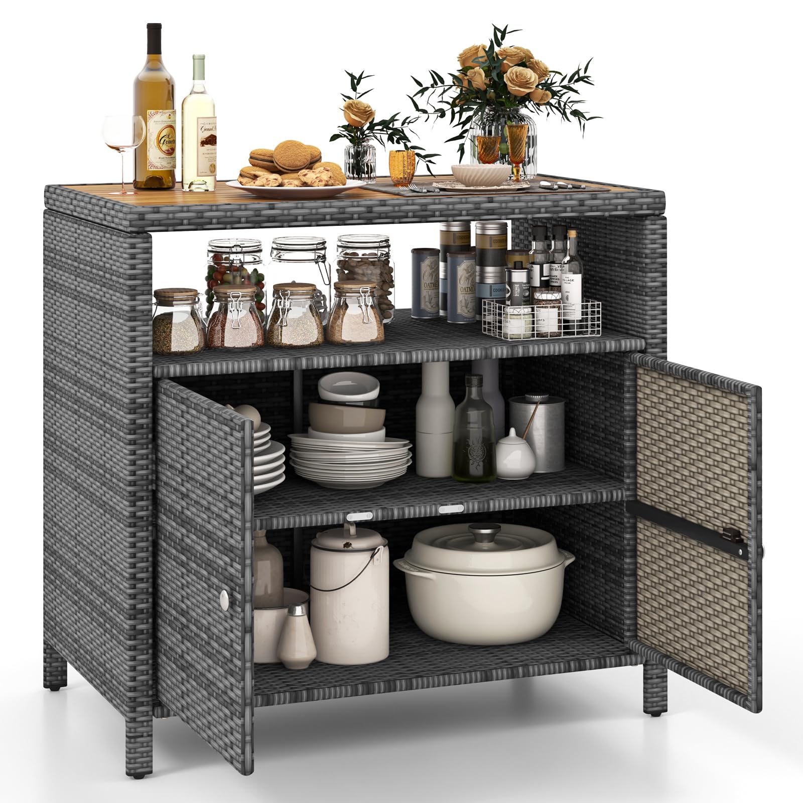 Amazon.com: HAPPYGRILL Rattan Storage Cabinet, Patio Sideboard Buffet ...