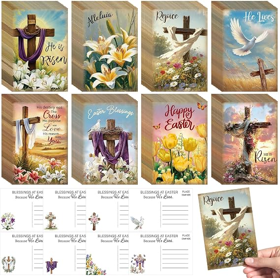 Amazon.com: Motipuns 80 Pcs Vintage Easter Cards Bulk He Is Risen Cross ...
