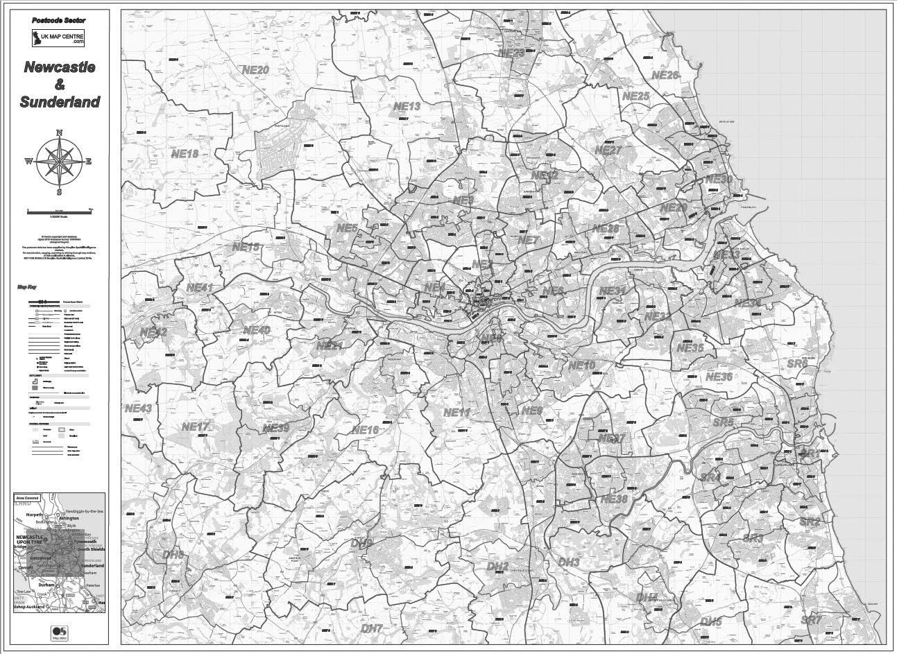 Postcode City Sector XL Map Newcastle Sunderland Greyscale postcode-city-sector-xl-map-newcastle-sunderland-greyscale