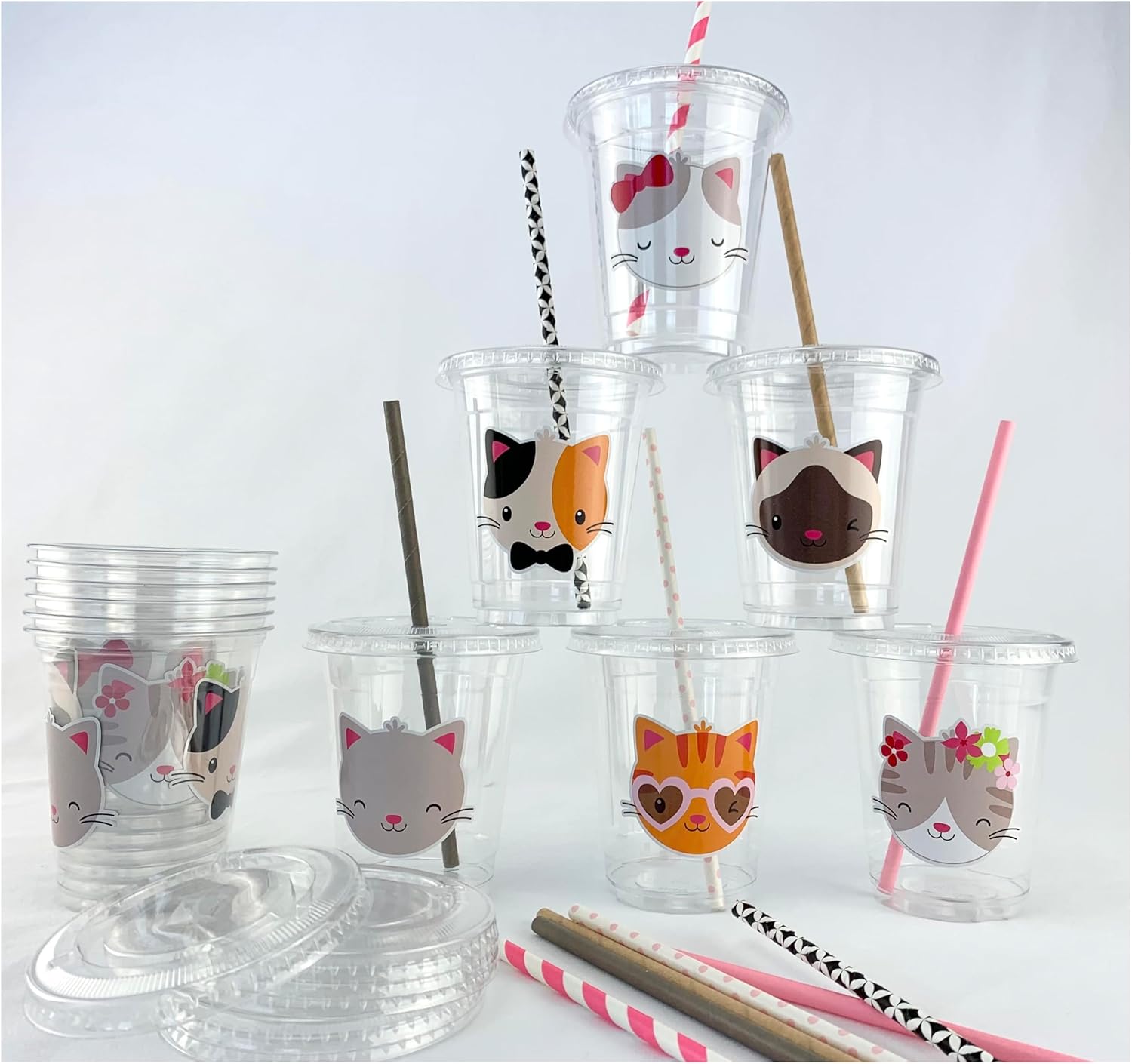 Amazon.com: Kids Party Cups Set, Cute Cat-Themed Disposable Drinkware ...