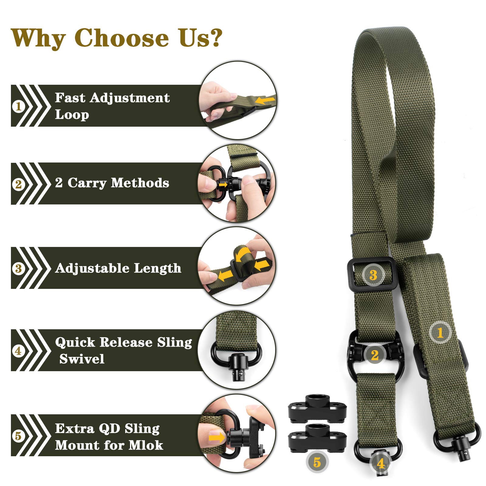 Buy Rifle Sling 2 Point Sling Quick Adjust with QD Sling Swivels, 2 PCS ...
