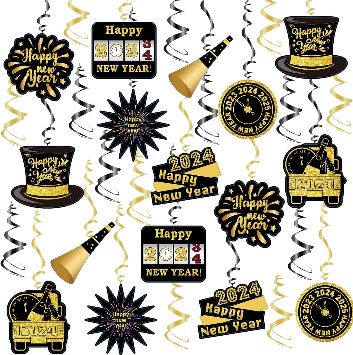 Amazon.com: 2024 Happy New Year Decor - 46 Pcs Black Gold Happy New ...