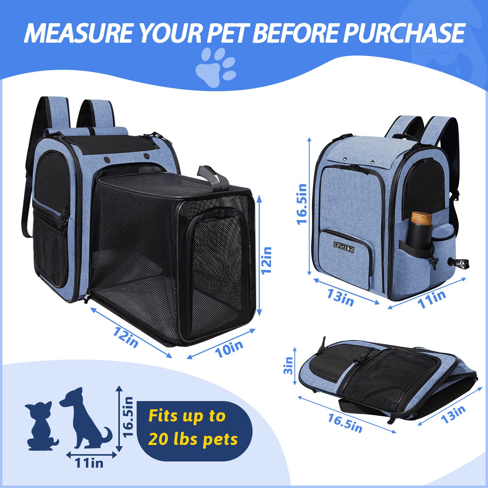Petskd Expandable Pet Carrier Backpack for Small Medium Dog and Cat ...